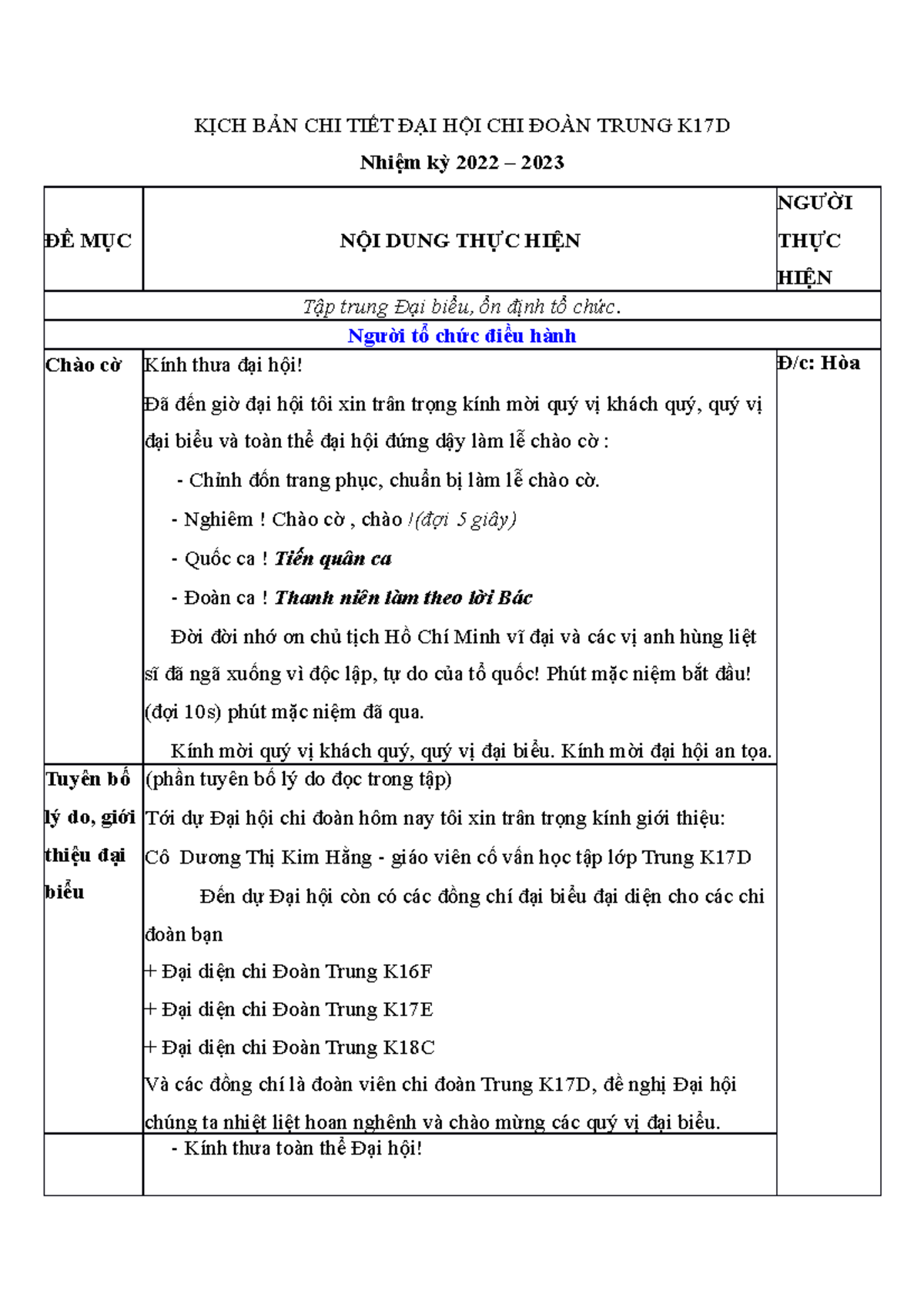 KỊCH BẢN CHI TIẾT ĐẠI HỘI 22 23 - KỊCH BẢN CHI TIẾT ĐẠI HỘI CHI ĐOÀN ...