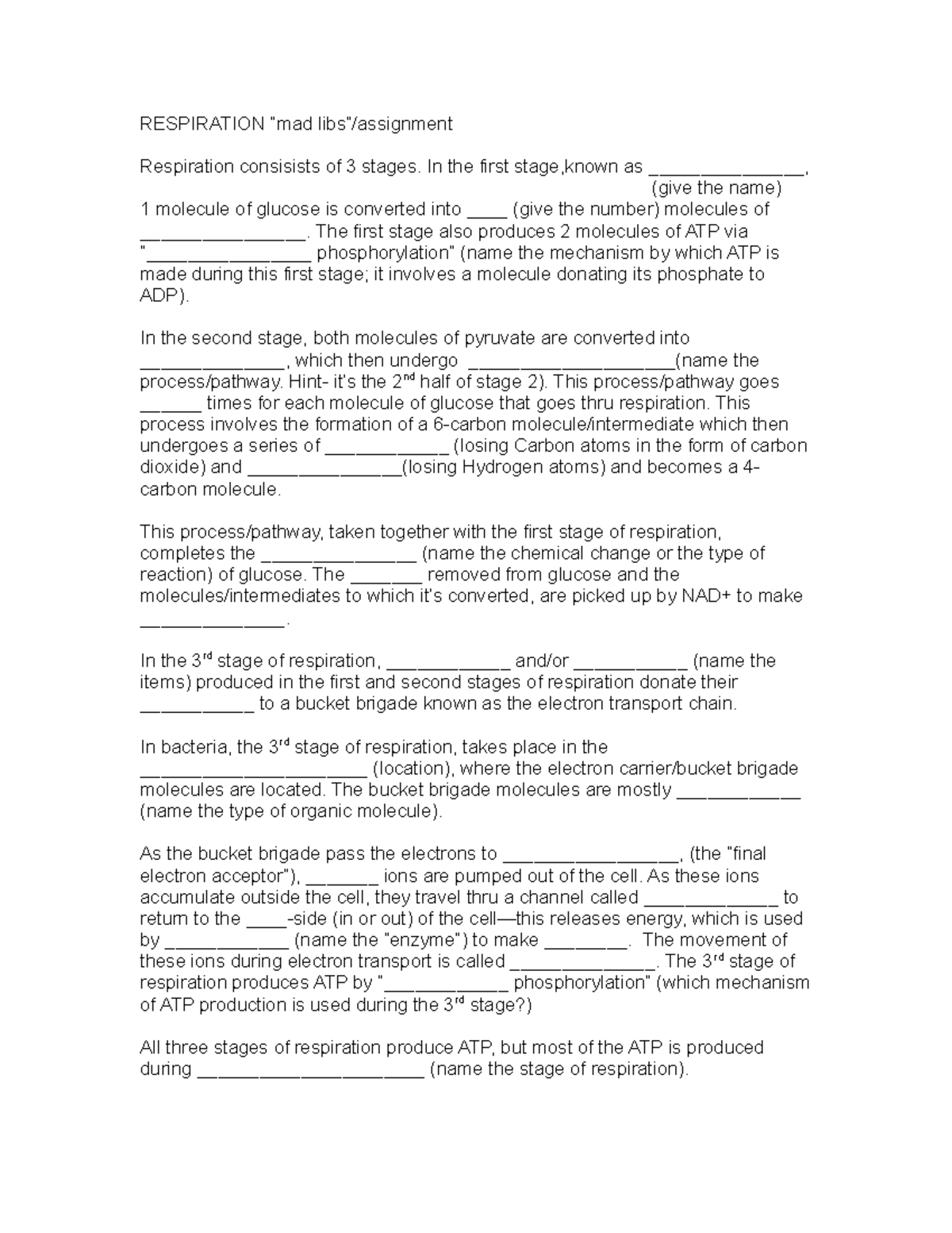 Respiration+homework copy - RESPIRATION “mad libs”/assignment ...