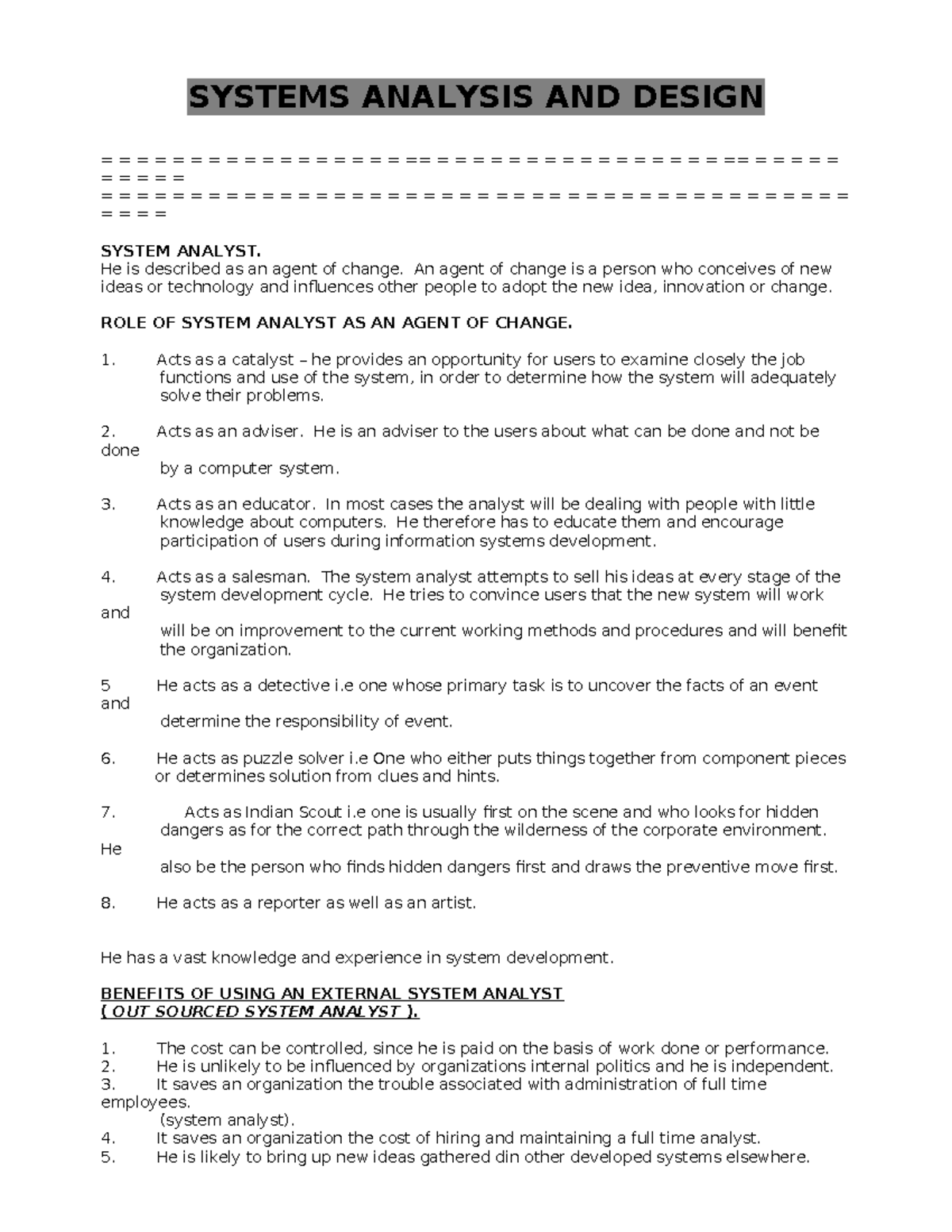 SAD Notes - SYSTEMS ANALYSIS AND DESIGN
