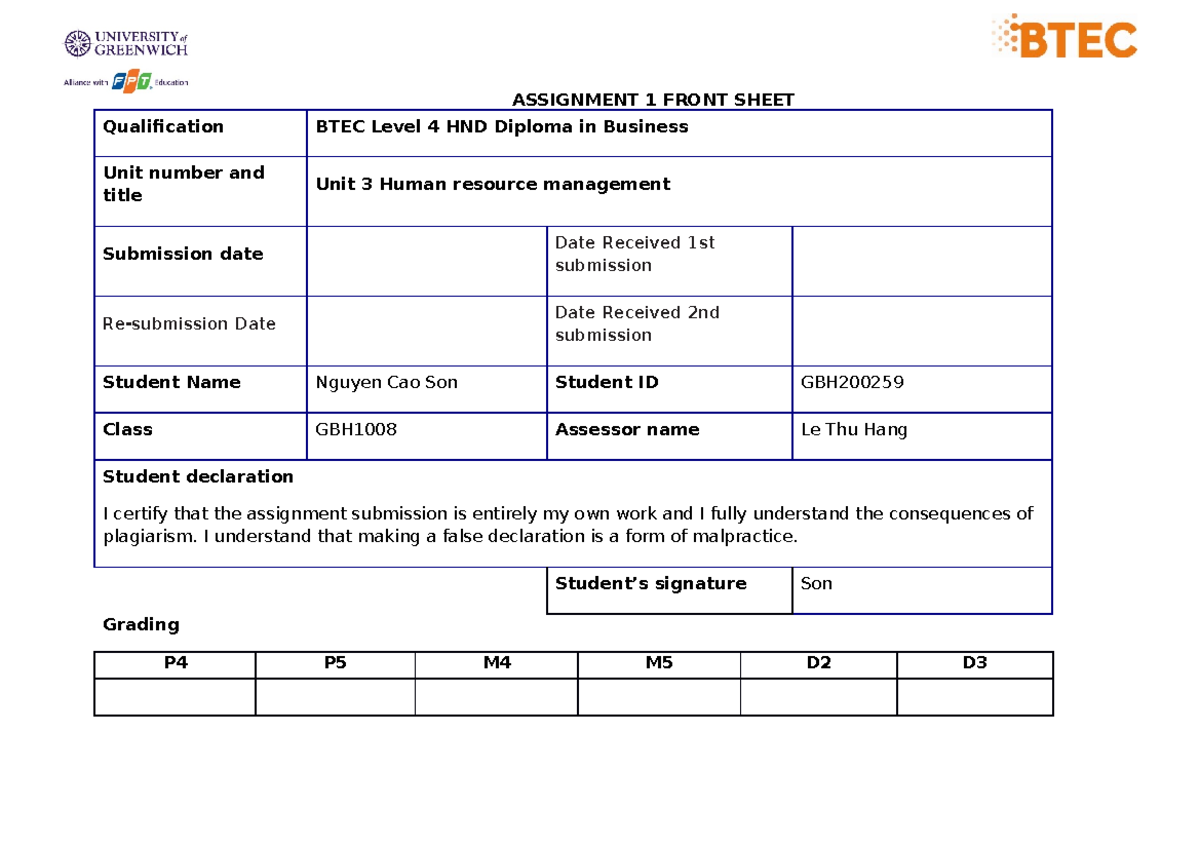 5035 assignment 2 frontsheet 2022 - ASSIGNMENT 1 FRONT SHEET Qualification BTEC Level 4 HND ...