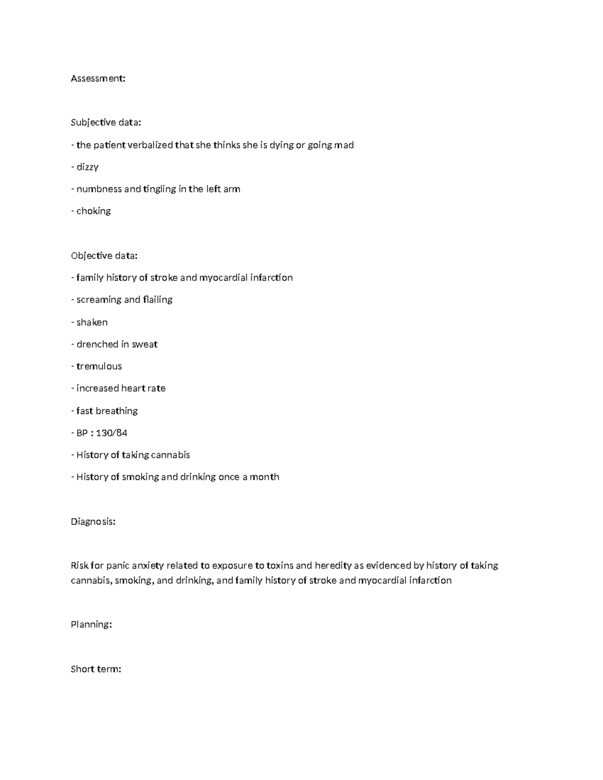 NCP - Sample of NCP for Nursing - Assessment: Subjective data: the ...