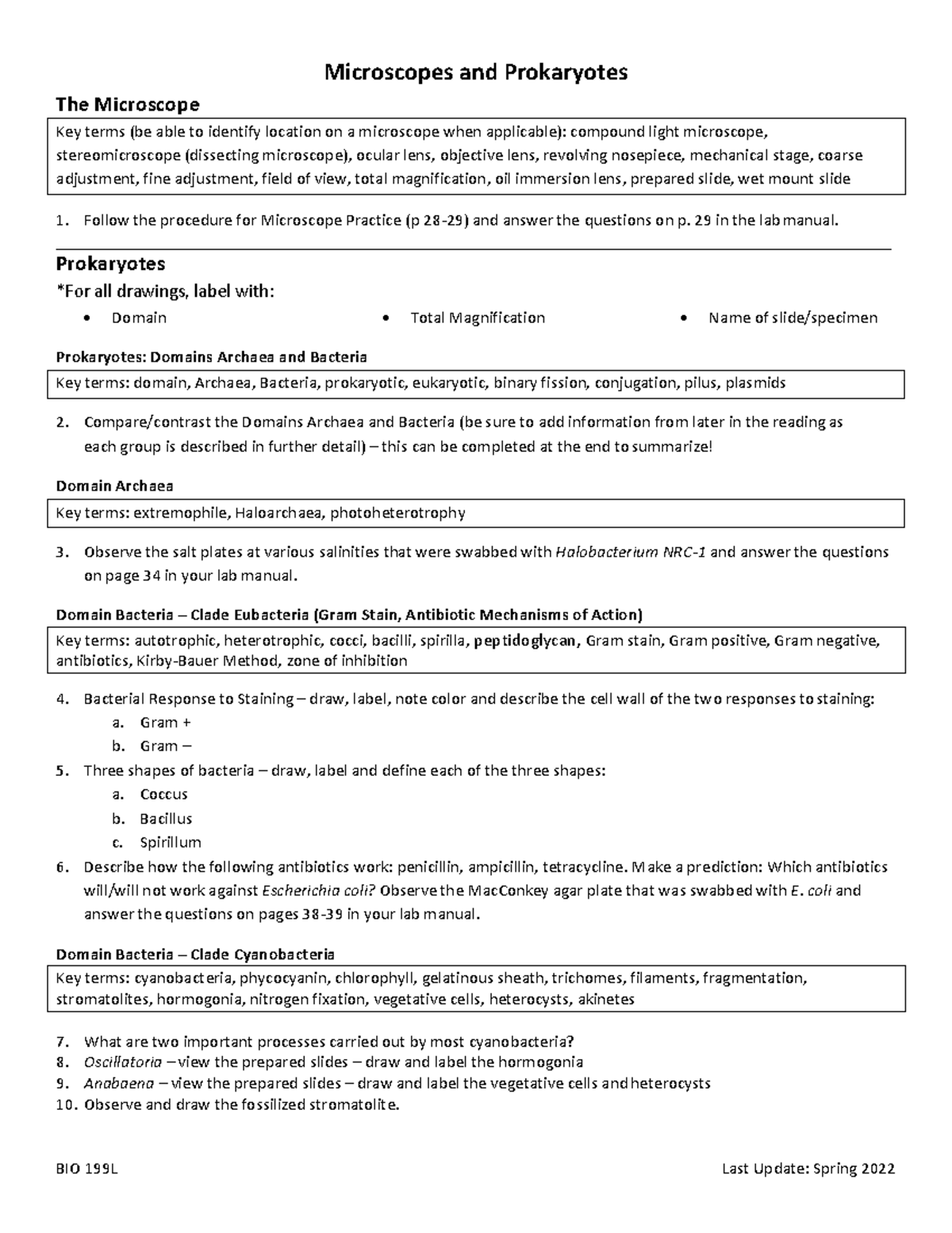 Prokaryote Lab In-Class Handout Updated Spring 2022 - BIO 199L Last ...