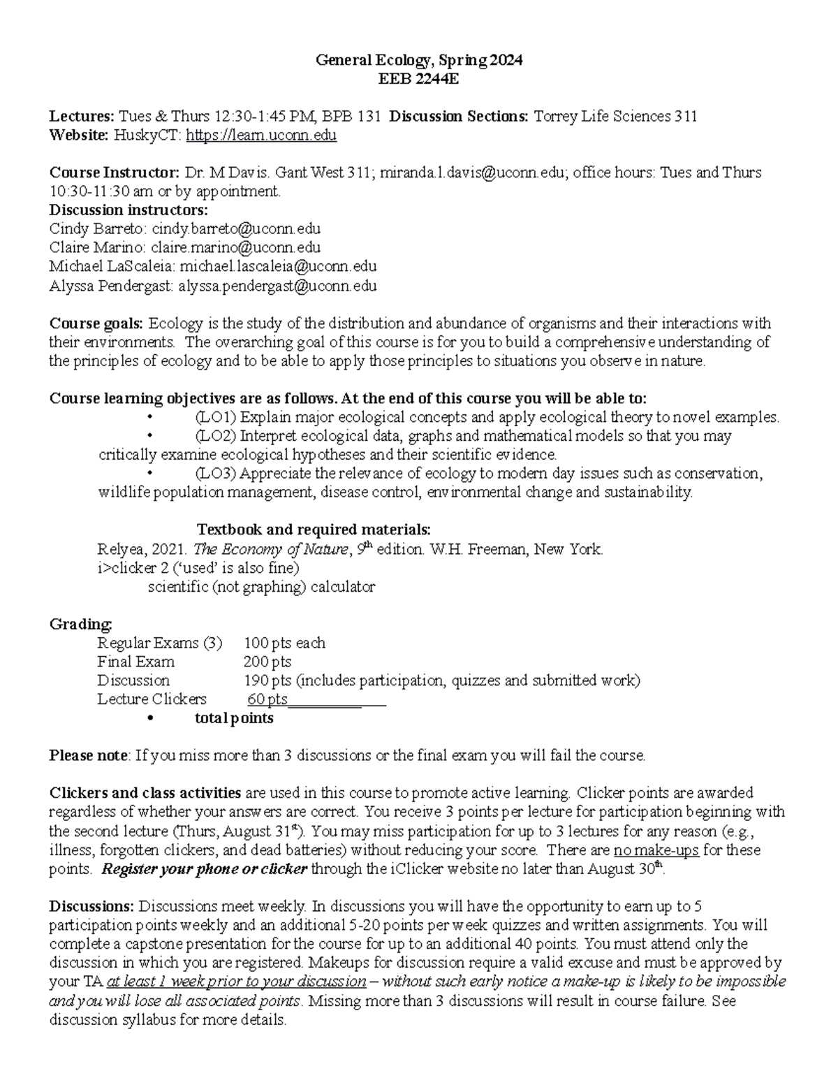 EEB2244 Lecture Syllabus F24 Common Core - General Ecology, Spring 2024 ...