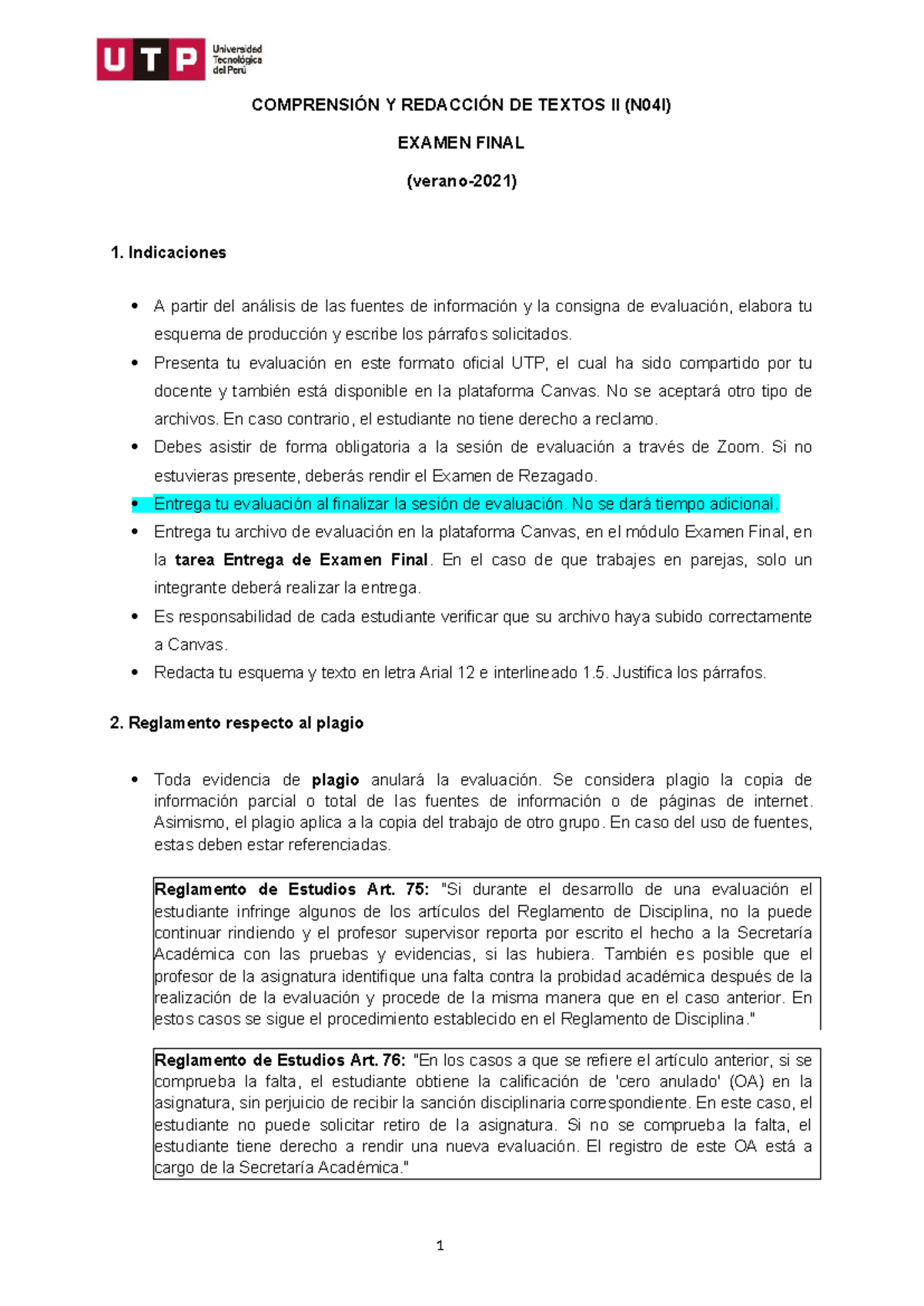 100000 N04I Comprensión Y Redacción DE Textos 2 Examen Final Formato UTP-1 - COMPRENSIÓN Y ...