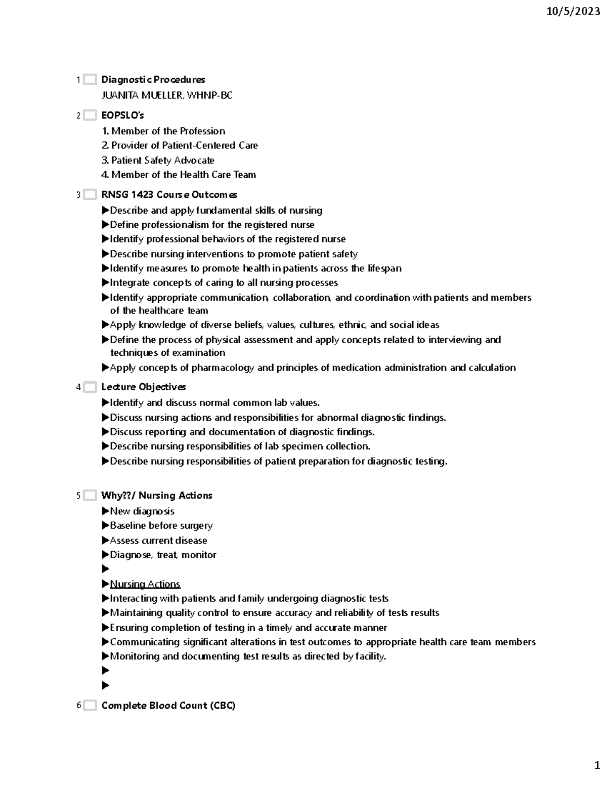 Diagnostics - Discuss nursing actions and responsibilities for abnormal ...