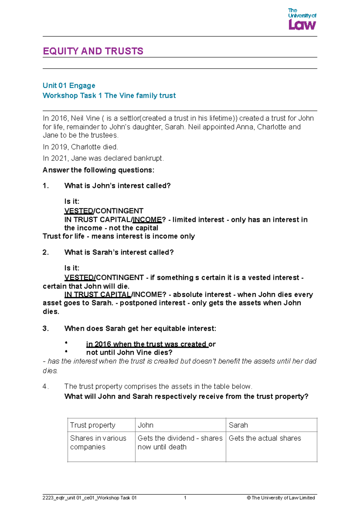equity and trusts Ws1 task 1 pdf - EQUITY AND TRUSTS Unit 01 Engage Workshop Task 1 The Vine ...