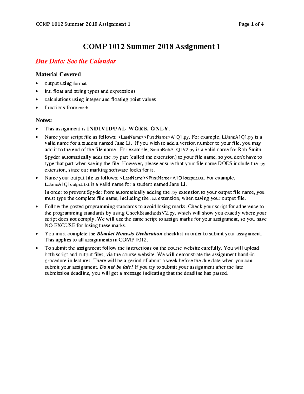 A1 - Summer 2018 - COMP 1012 Summer 2018 Assignment 1 Page 1 of 4 COMP 1012 Summer 2018 ...