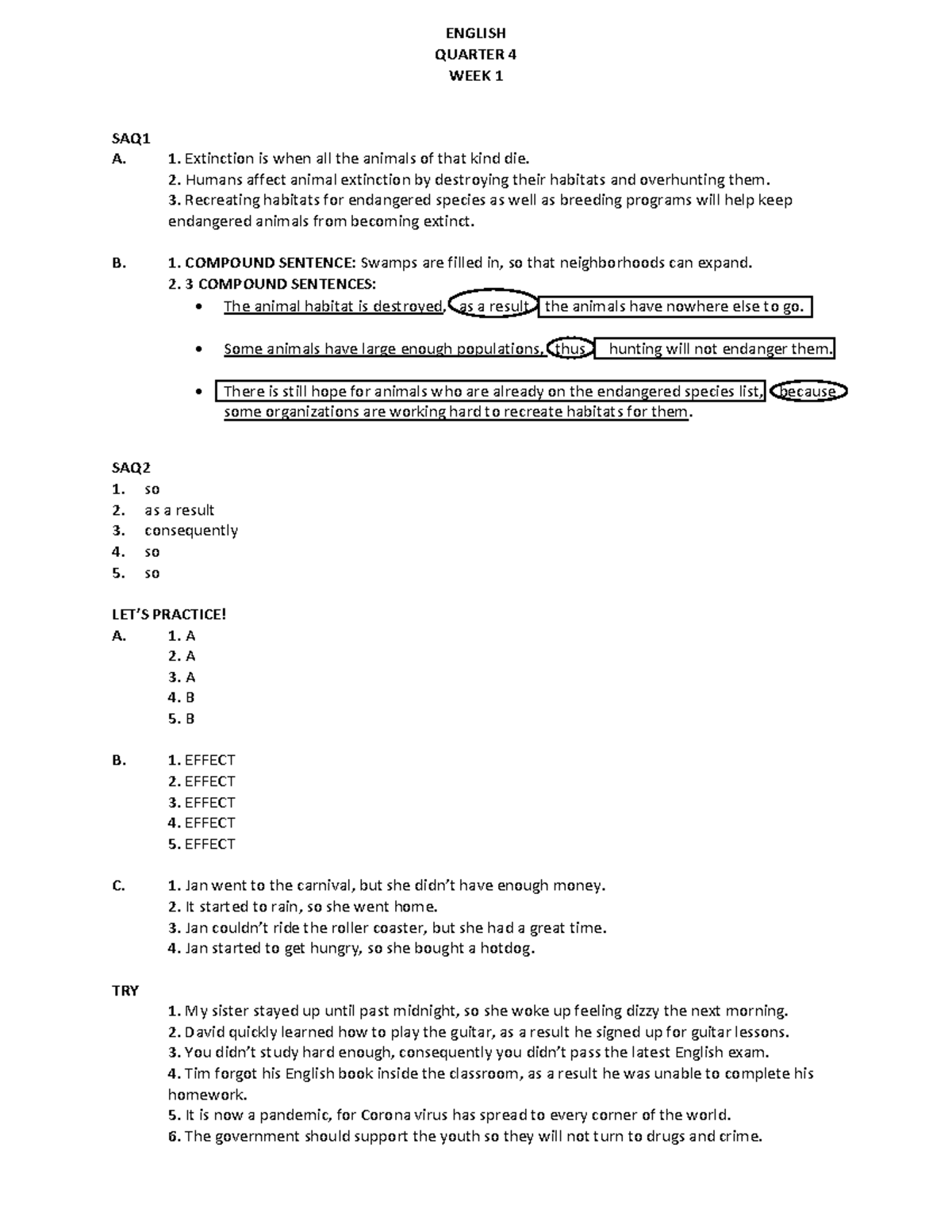English Q4-W1 - ENGLISH QUARTER 4 WEEK 1 SAQ A. 1. Extinction is when ...