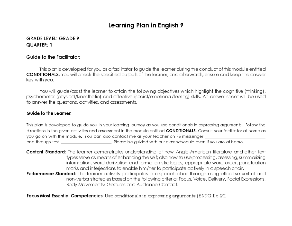 English Grade 9 Quarter 1 LPFor Teacher Week2 - Learning Plan in English 9 GRADE LEVEL: GRADE 9 ...
