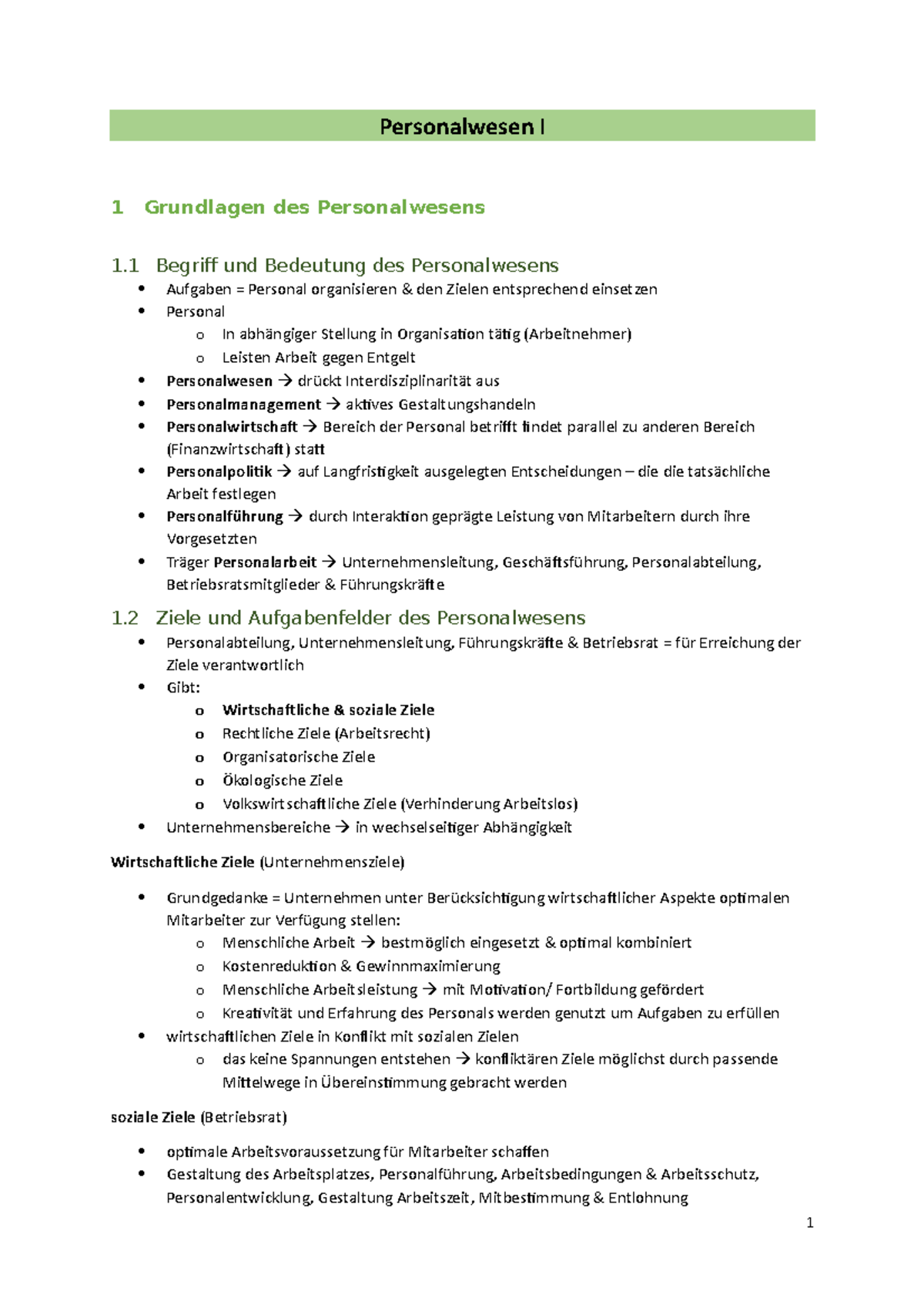 Personalwesen I - Zusammenfassung Skript - Personalwesen I 1 Grundlagen ...