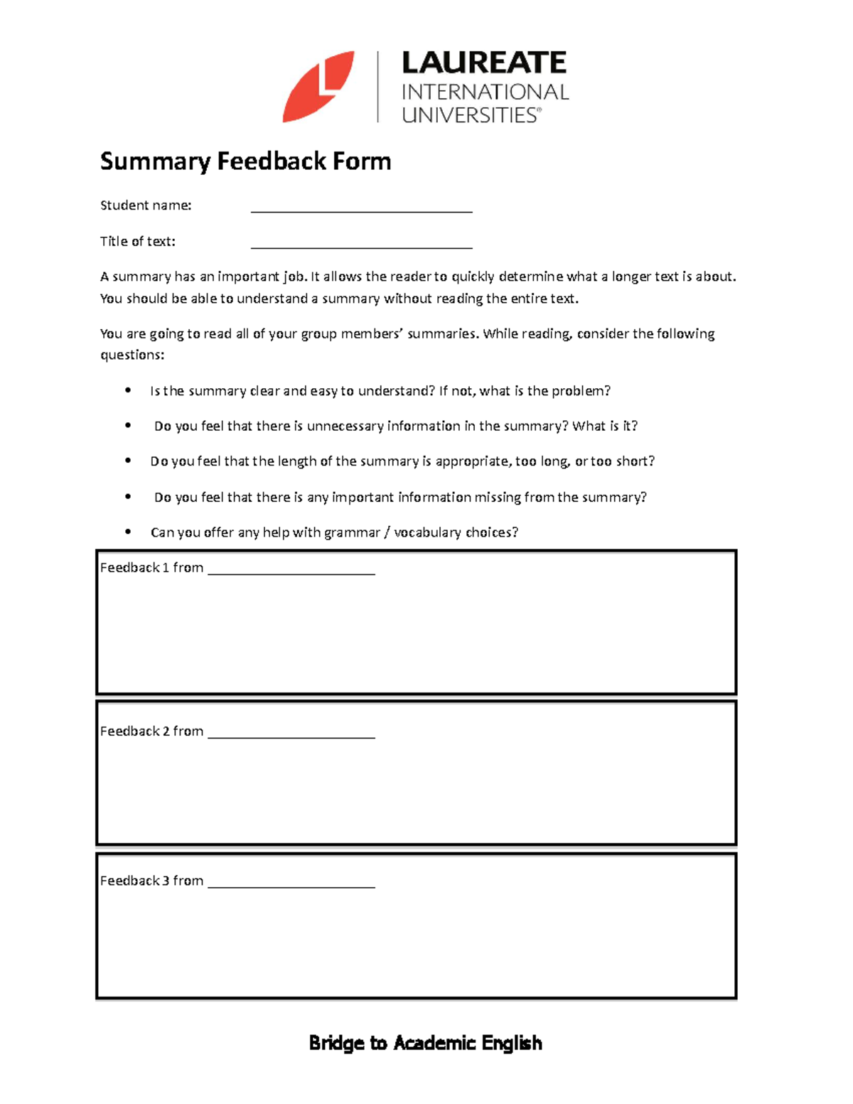 Summary Feedback Form - tarea - Summary Feedback Form Student name