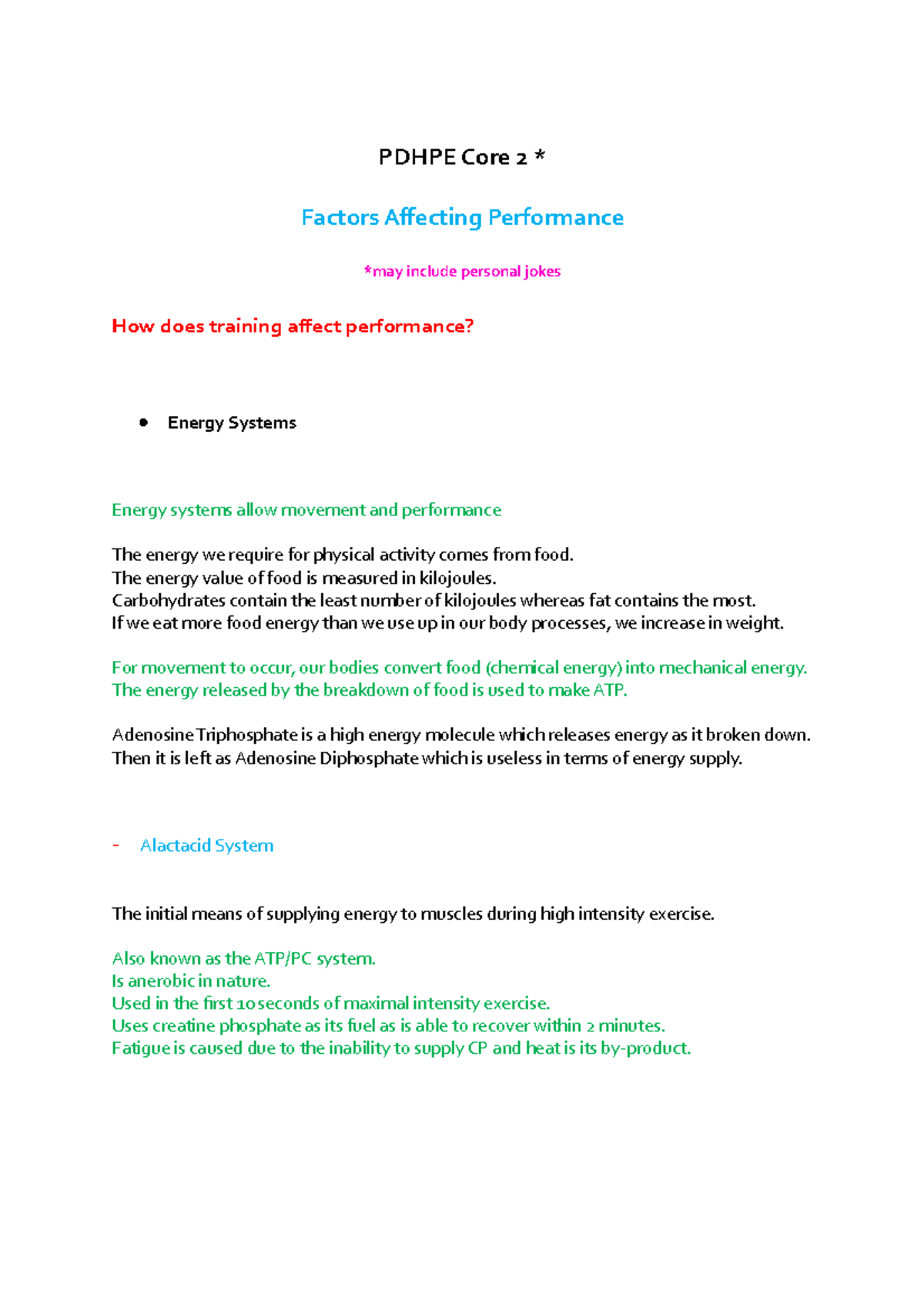Pdhpe Core 2 - PDHPE Core 2 * Factors Affecting Performance *may ...