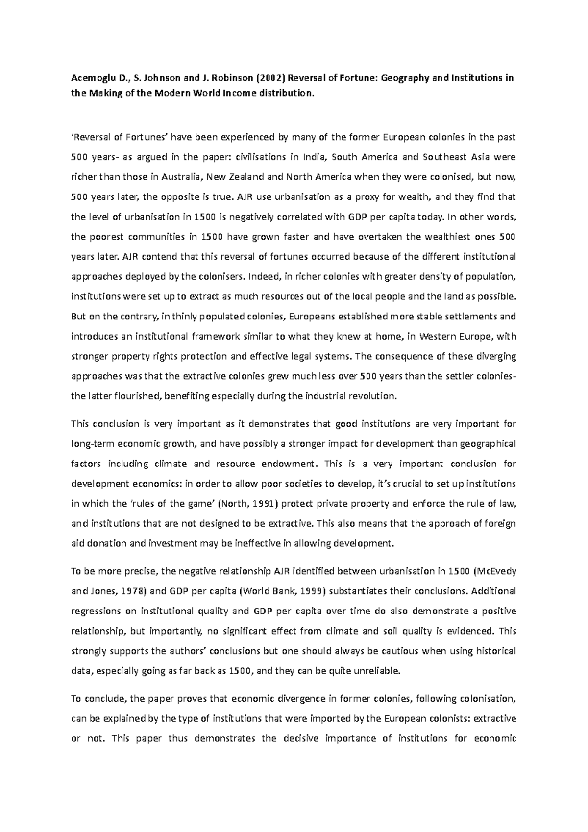 AJR Review - Acemoglu D., S. Johnson and J. Robinson (2002) Reversal of Fortune: Geography and ...