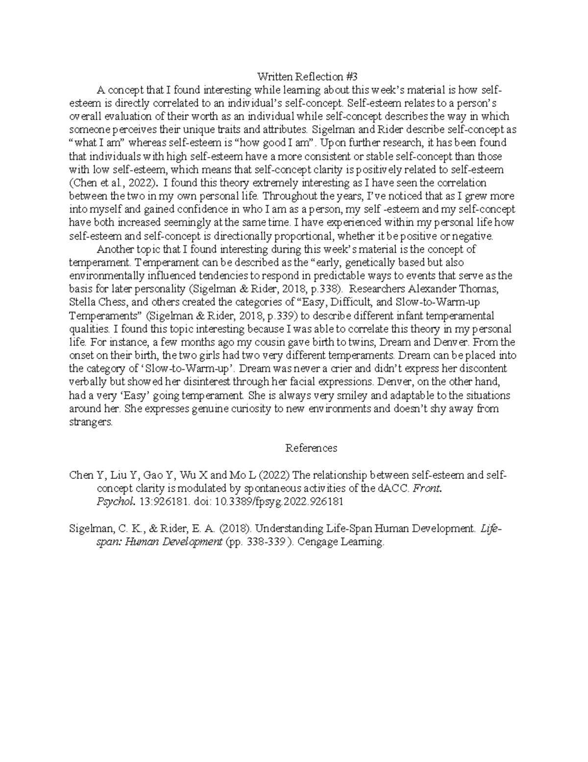 Written Reflection - Self-esteem relates to a person’s overall ...