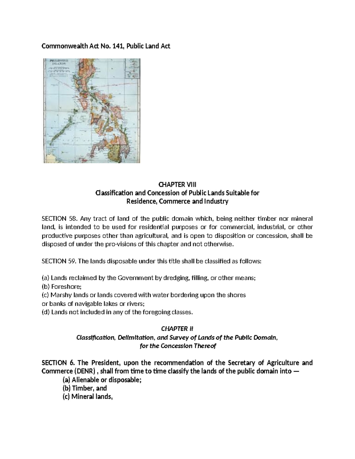 Public Land Act (CA 141) - Commonwealth Act No. 141, Public Land Act ...