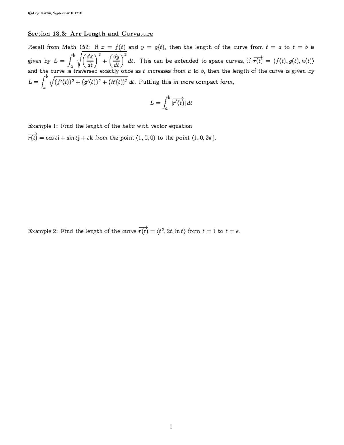 Math251 Fall2018 section 13 3 - c Amy Austin, September 6, 2018 Section 13: Arc Length and ...