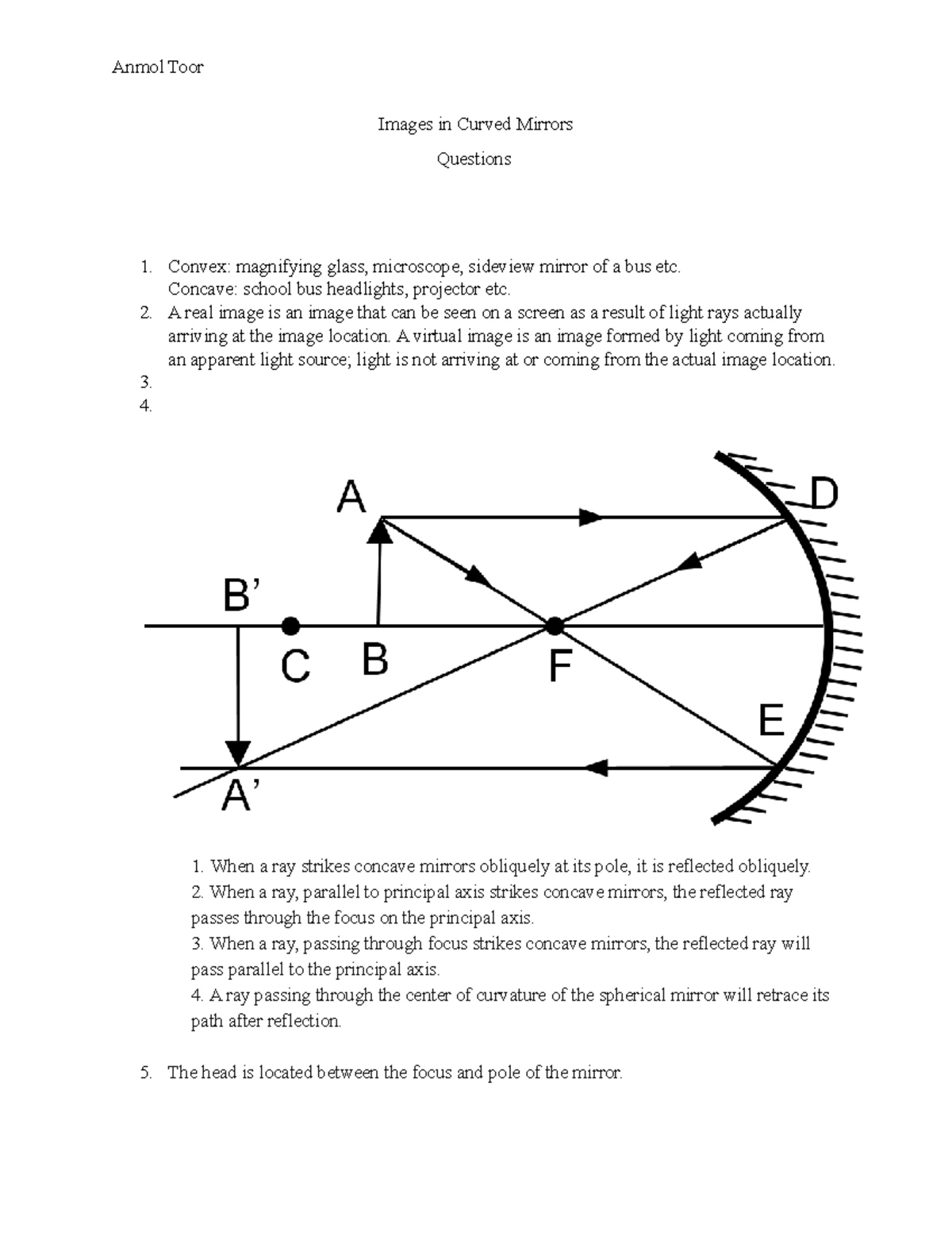 Images in Curved Mirrors Questions - Anmol Toor Images in Curved ...