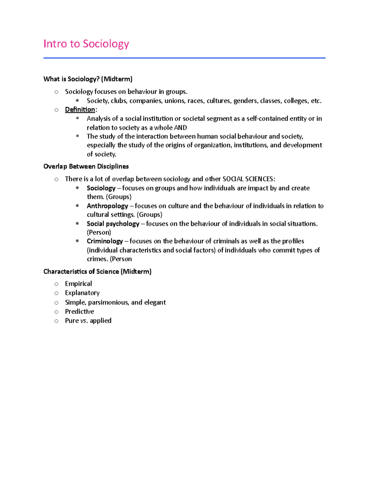 Intro to Sociology Notes - Intro to Sociology What is Sociology ...