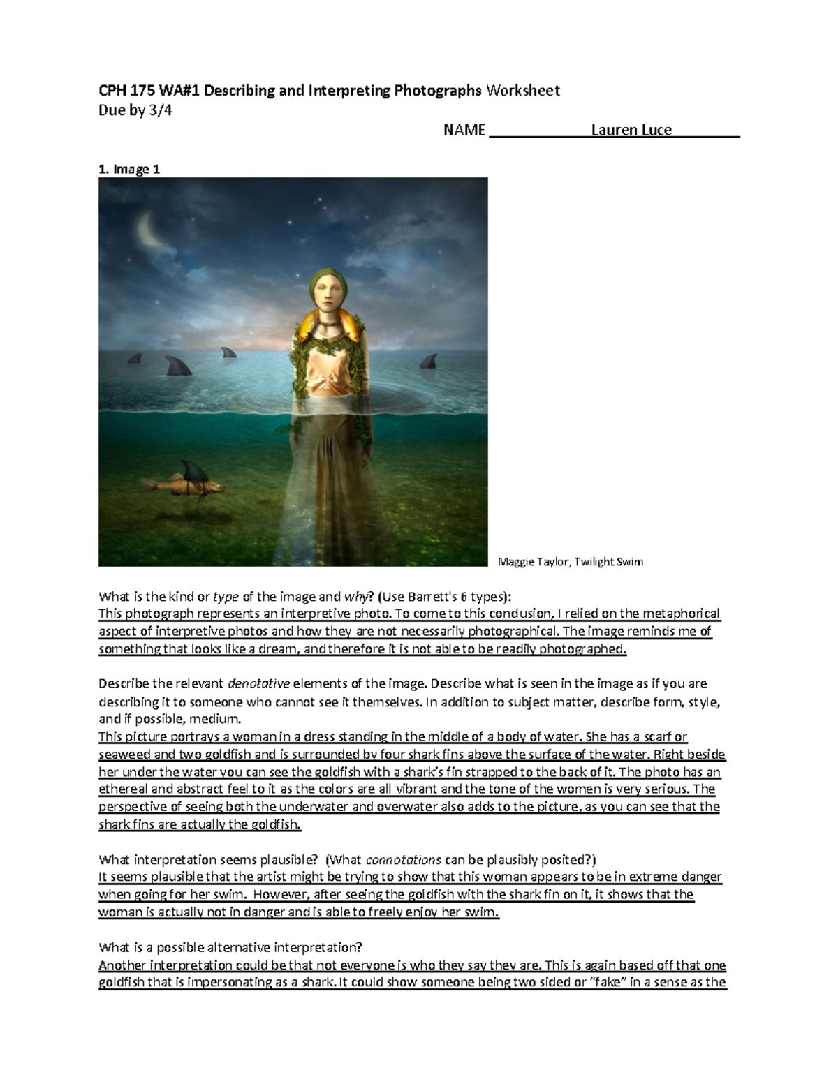 Writing Assignment #1 - CPH 175 WA#1 Describing and Interpreting Photographs Worksheet Due by 3 ...