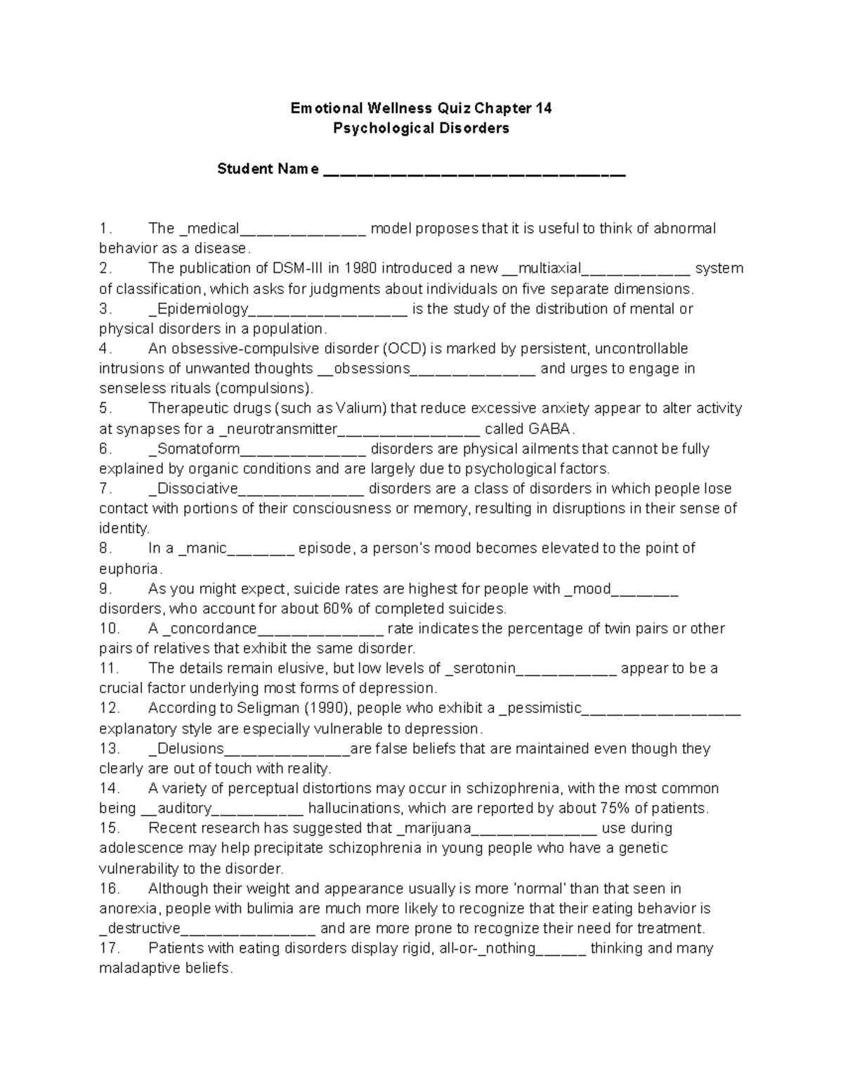 Ch14 Quiz with answers - Emotional Wellness Quiz Chapter 14 ...