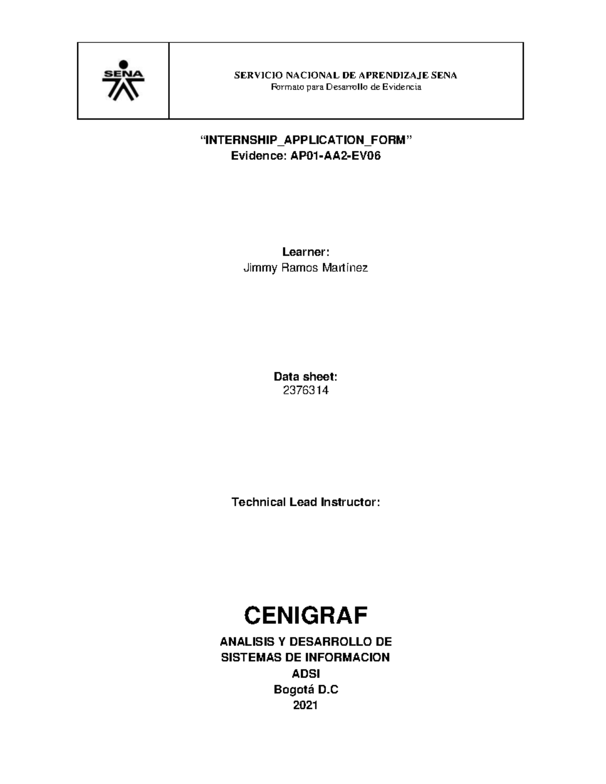 Formato Internship Application Form Servicio Nacional De Aprendizaje Sena Formato Para