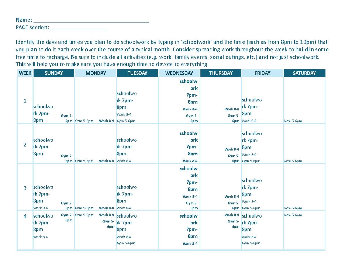 Week 4 Calendar - Identify the days and times you plan to do schoolwork ...