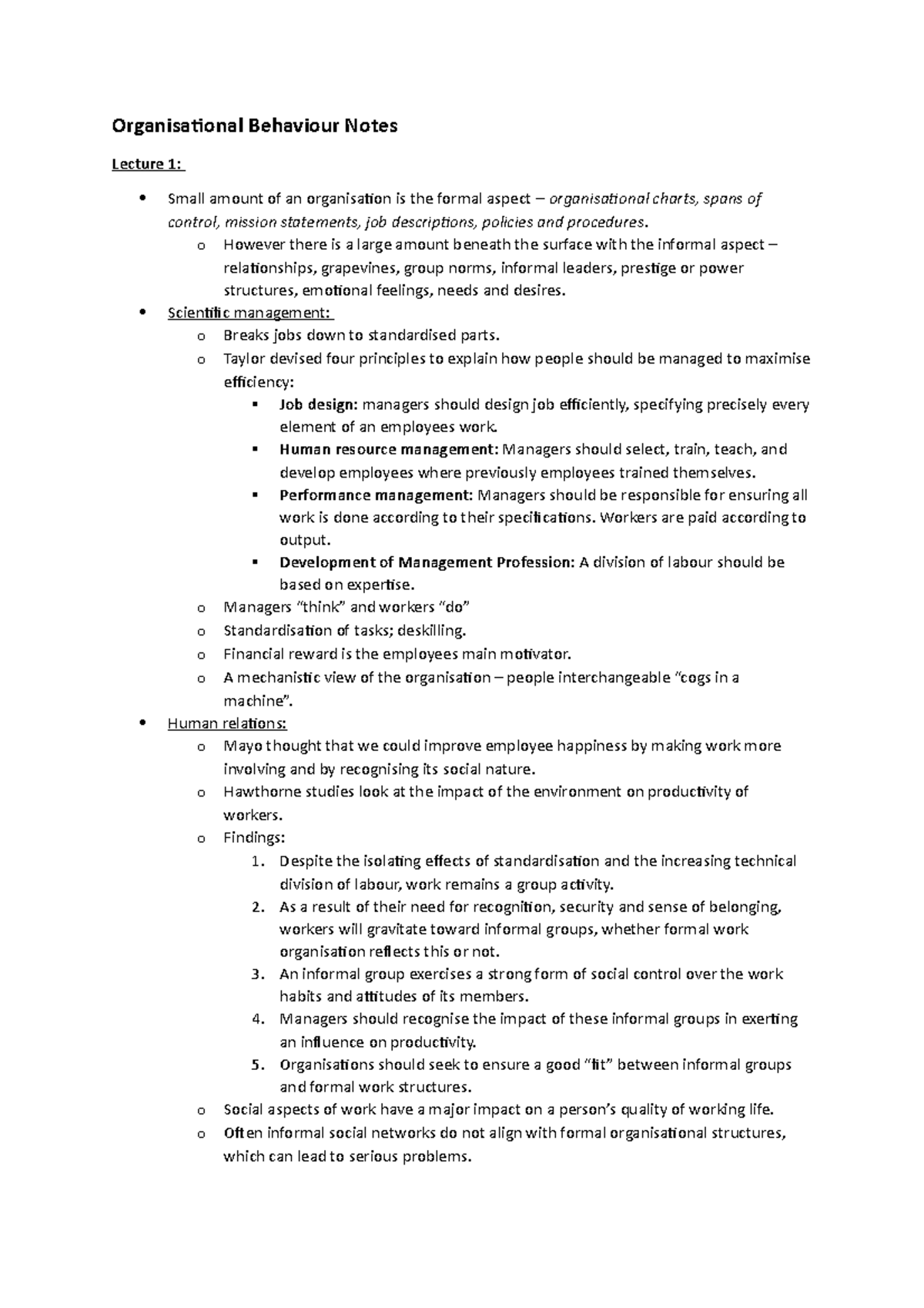 Organisational Behaviour Notes - Organisational Behaviour Notes Lecture ...