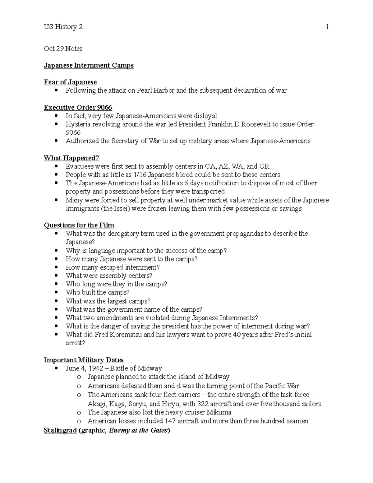 Hist - Oct 29 Notes - US History 2 Oct 29 Notes Japanese Internment ...