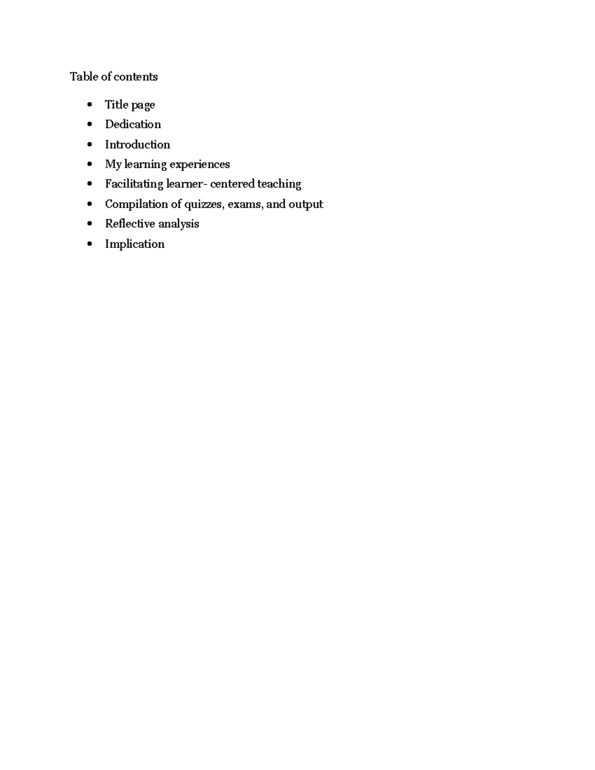 Faci portfolio - Table of contents Title page Dedication Introduction ...