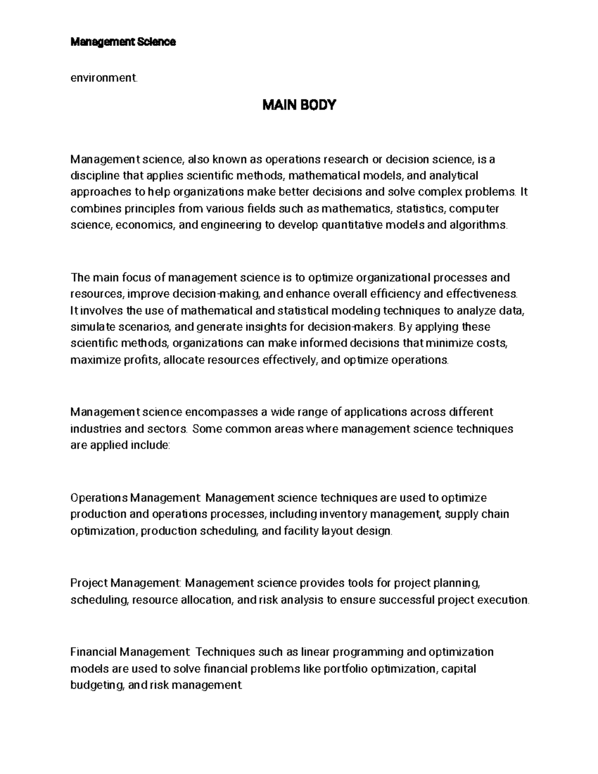 Management Science-6 - Management Science environment. MAIN BODY ...