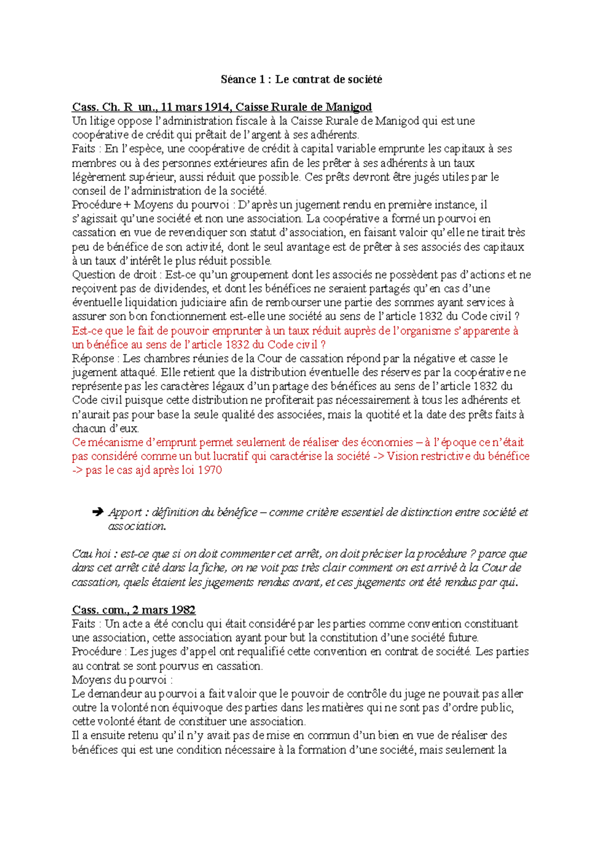 DM TD Droit des sociétés - Séance 1 - Séance 1 : Le contrat de société Cass. Ch. R un., 11 mars ...