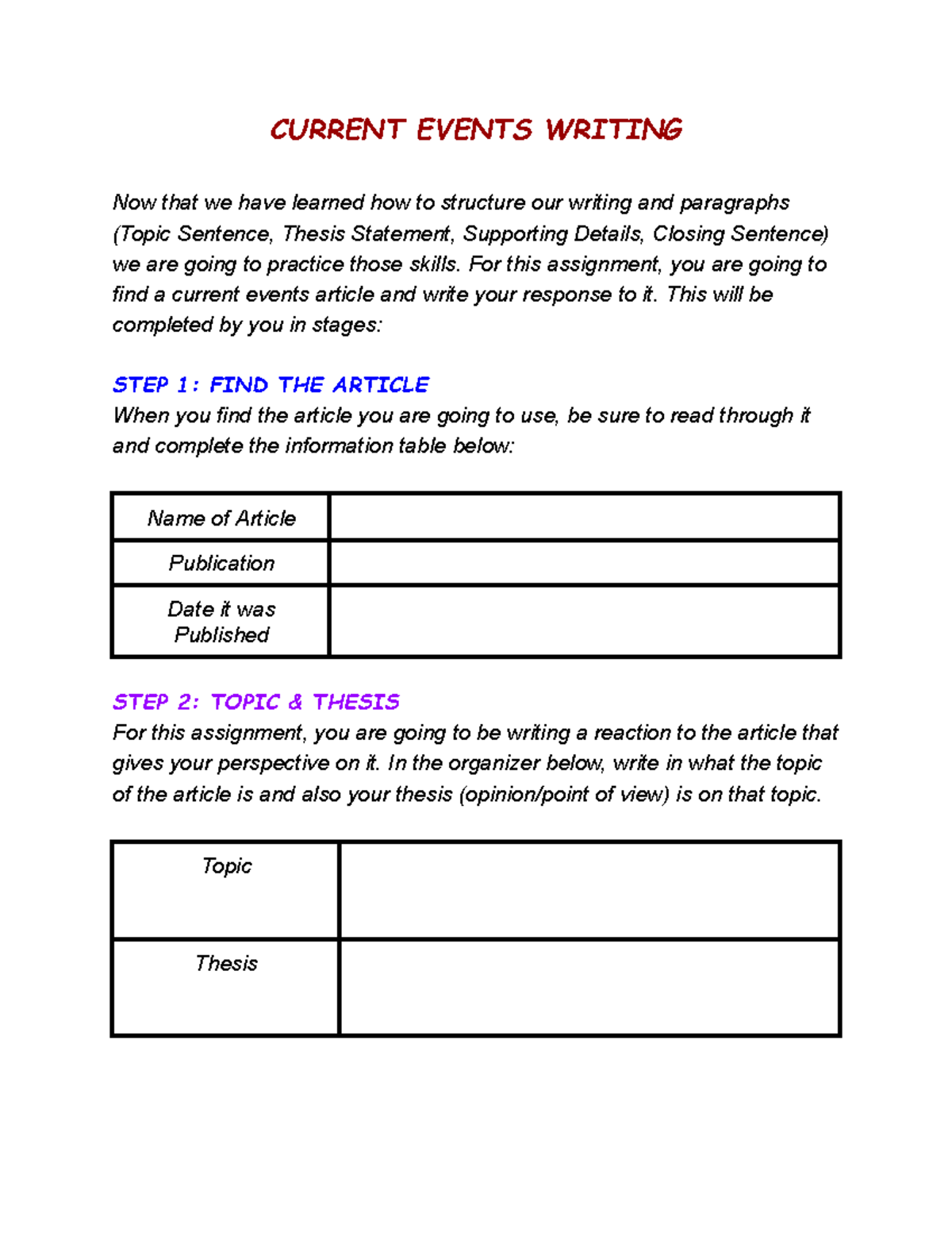 Current+Events+Writing - CURRENT EVENTS WRITING Now that we have ...