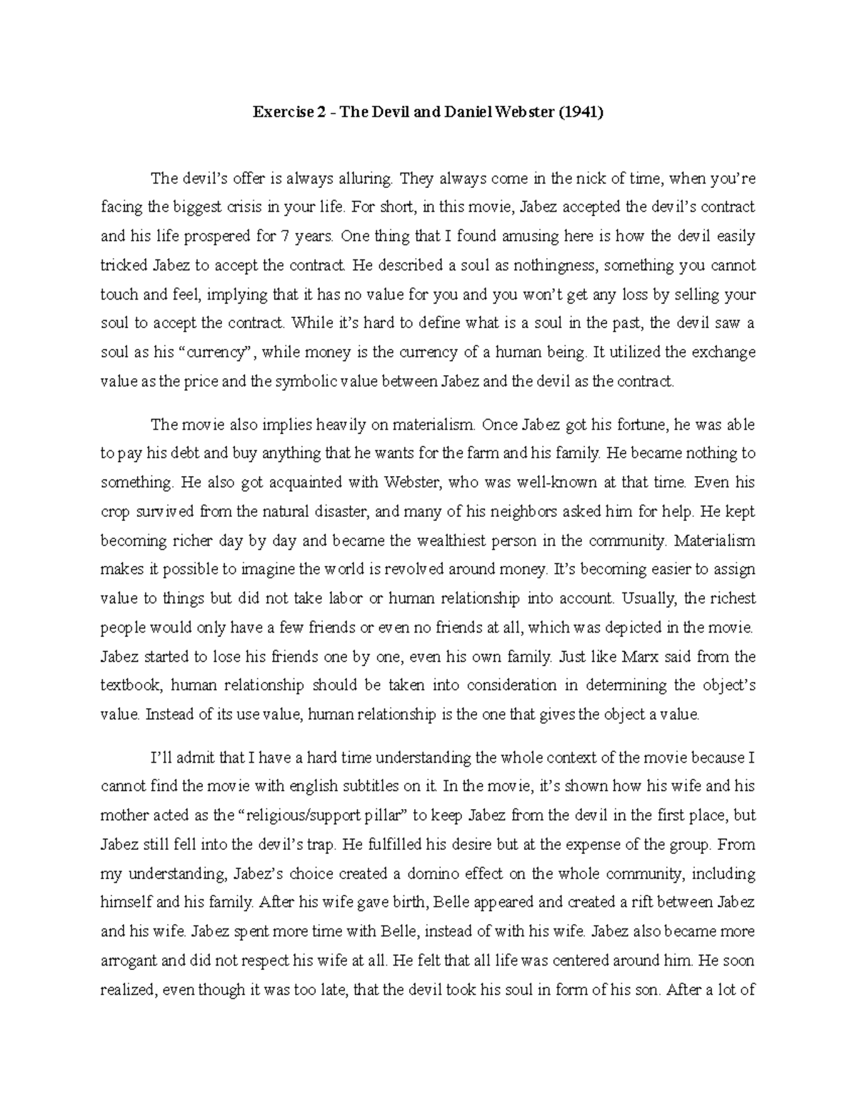 Exercise 2 - The Devil and Daniel Webster (1941) - Exercise 2 - The ...