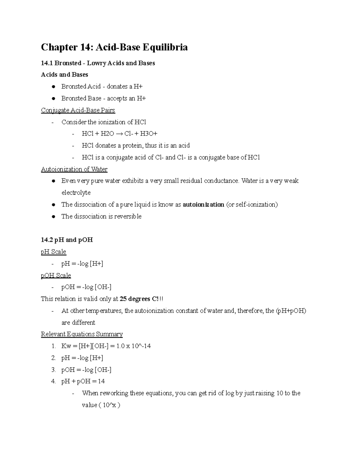 CHM1046 Ch.14/15 Notes - Chapter 14: Acid-Base Equilibria 14 Bronsted ...