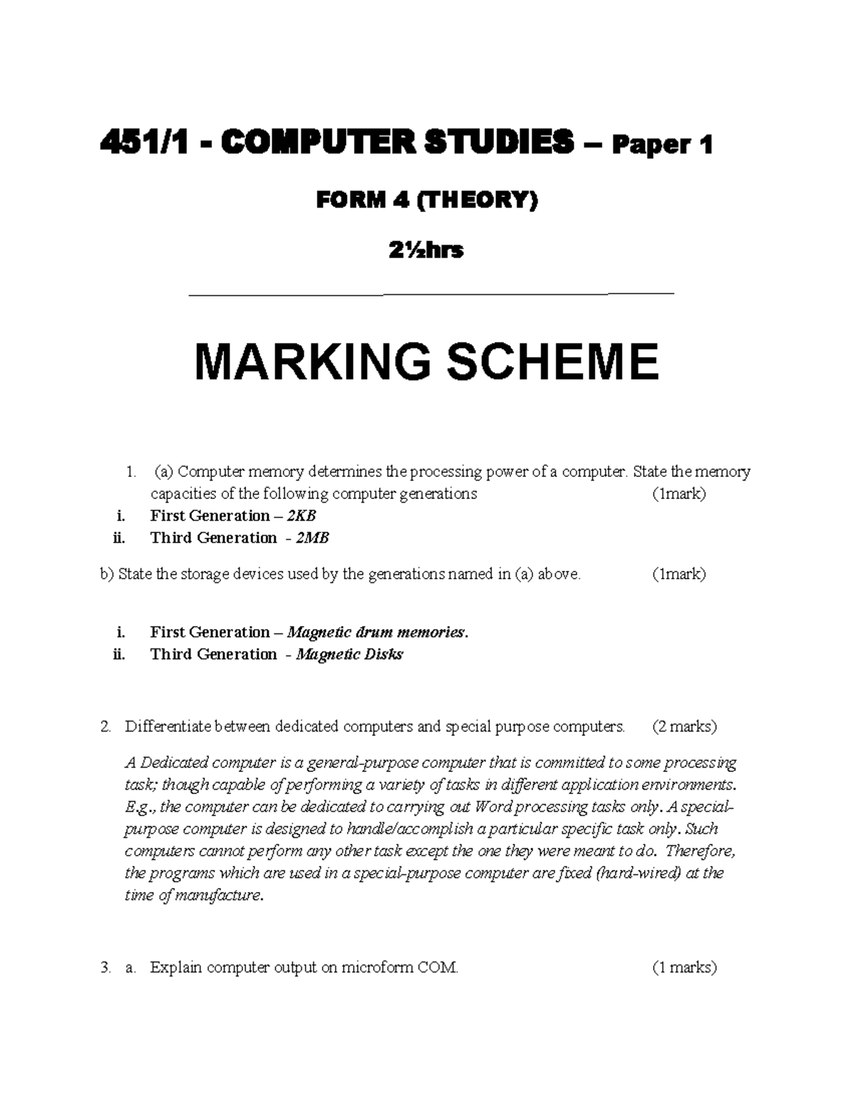 Trial 1 and 2 Marking Scheme - 451/1 - COMPUTER STUDIES – Paper 1 FORM ...