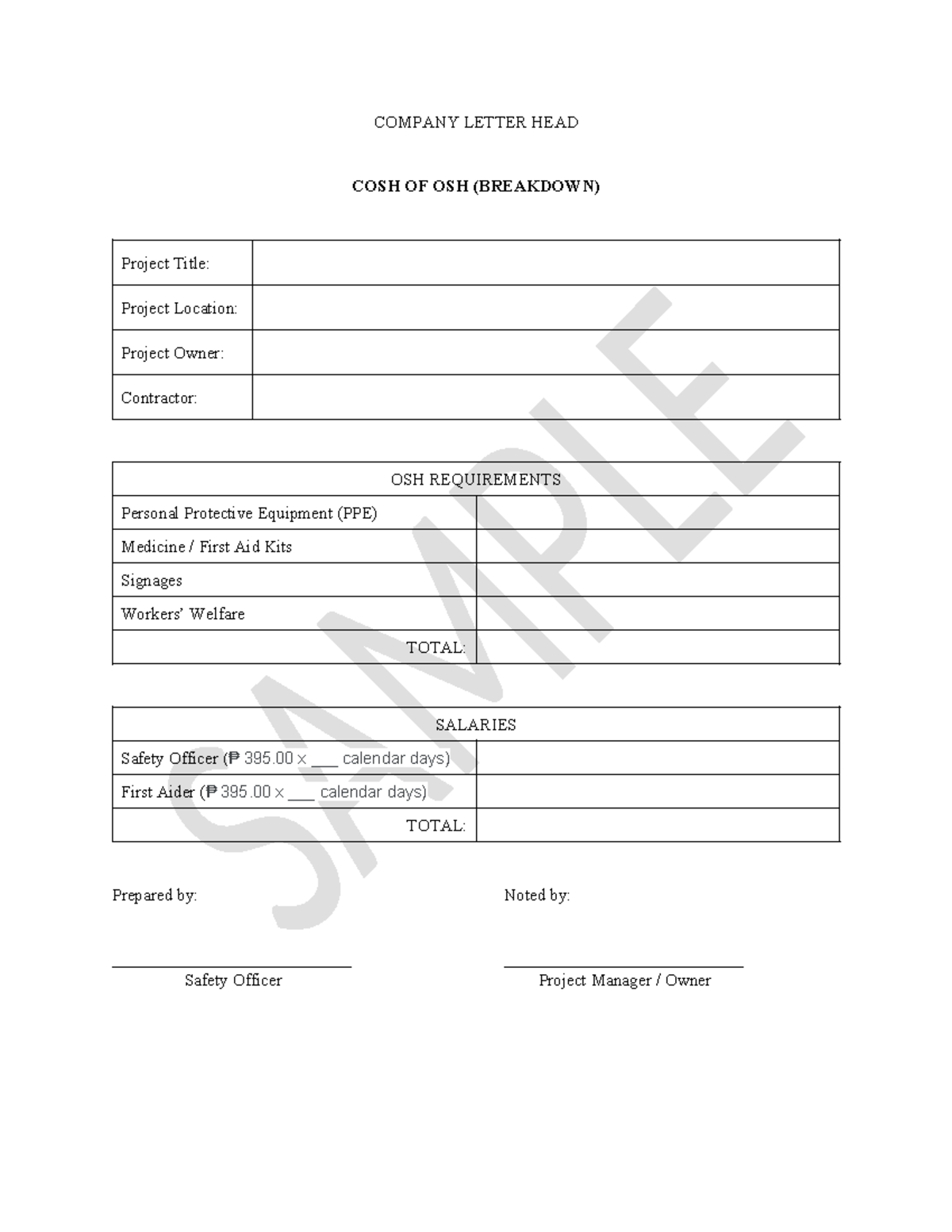 Cost of OSH (Breakdown) - bs architecture - COMPANY LETTER HEAD COSH OF ...