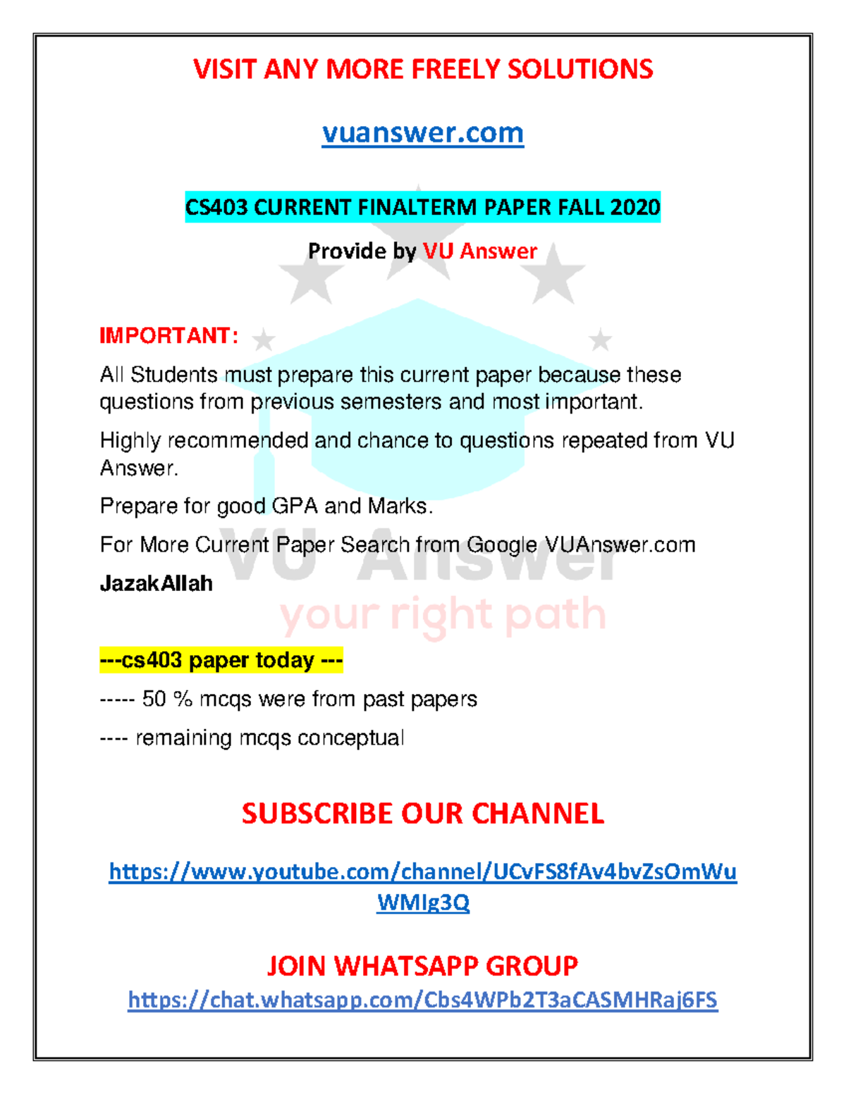 Cs403 Final 2020 Paper Current By Vu Answer Vuanswer Subscribe Our