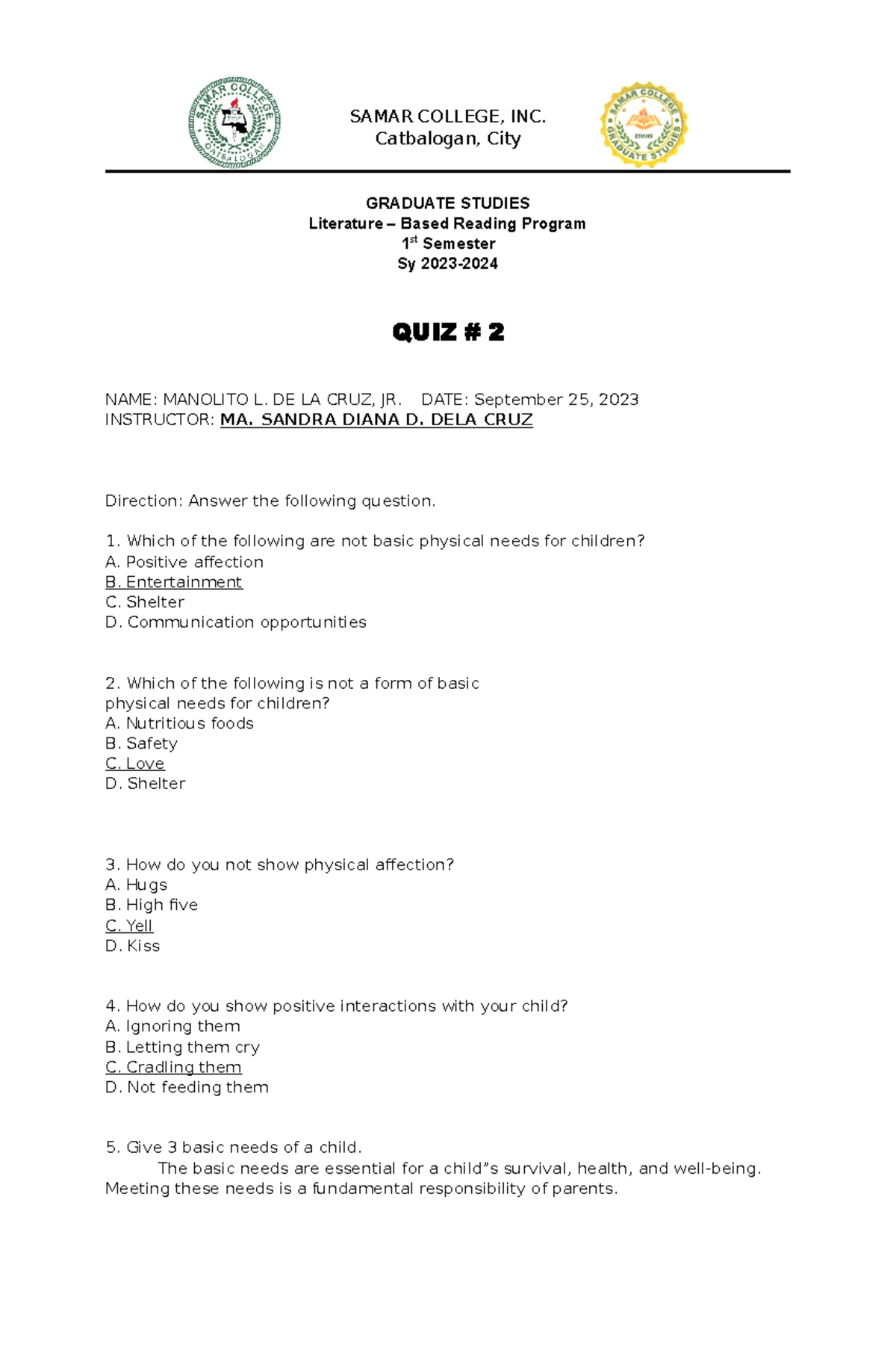 Quiz-2-1 - DLL - SAMAR COLLEGE, INC. Catbalogan, City GRADUATE STUDIES ...