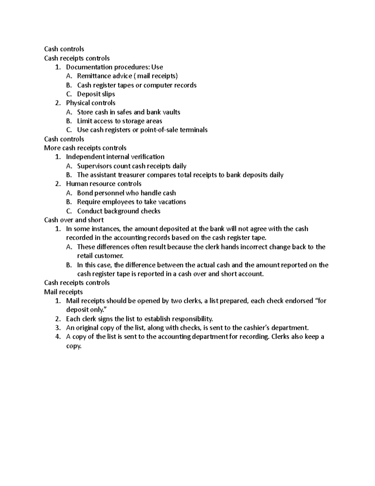 Cash controls - notes - Cash controls Cash receipts controls 1 ...