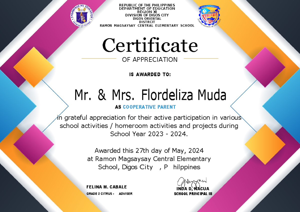 Cooparative-parent-cert - DEPARTMENT OF EDUCATION REGION XI DIVISION OF ...
