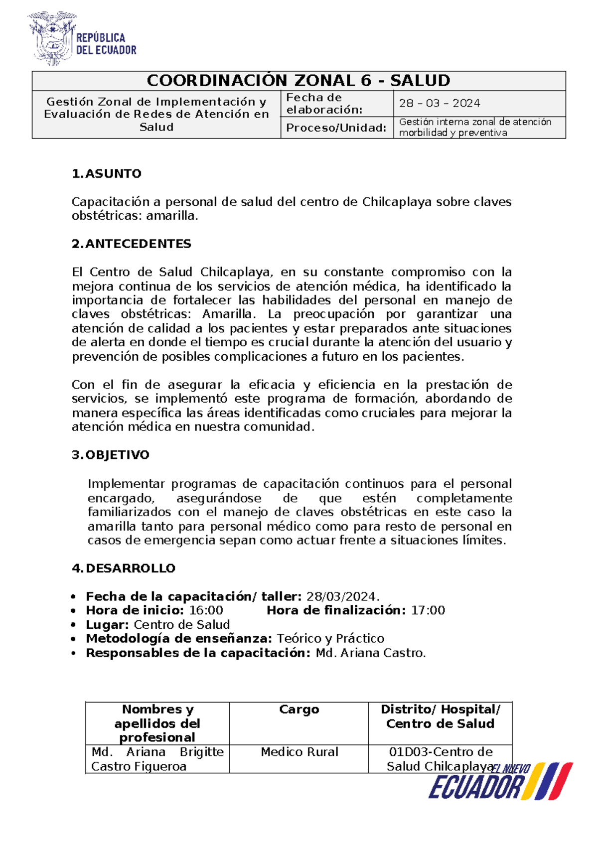 Informe clave amarilla - COORDINACIÓN ZONAL 6 - SALUD Gestión Zonal de ...