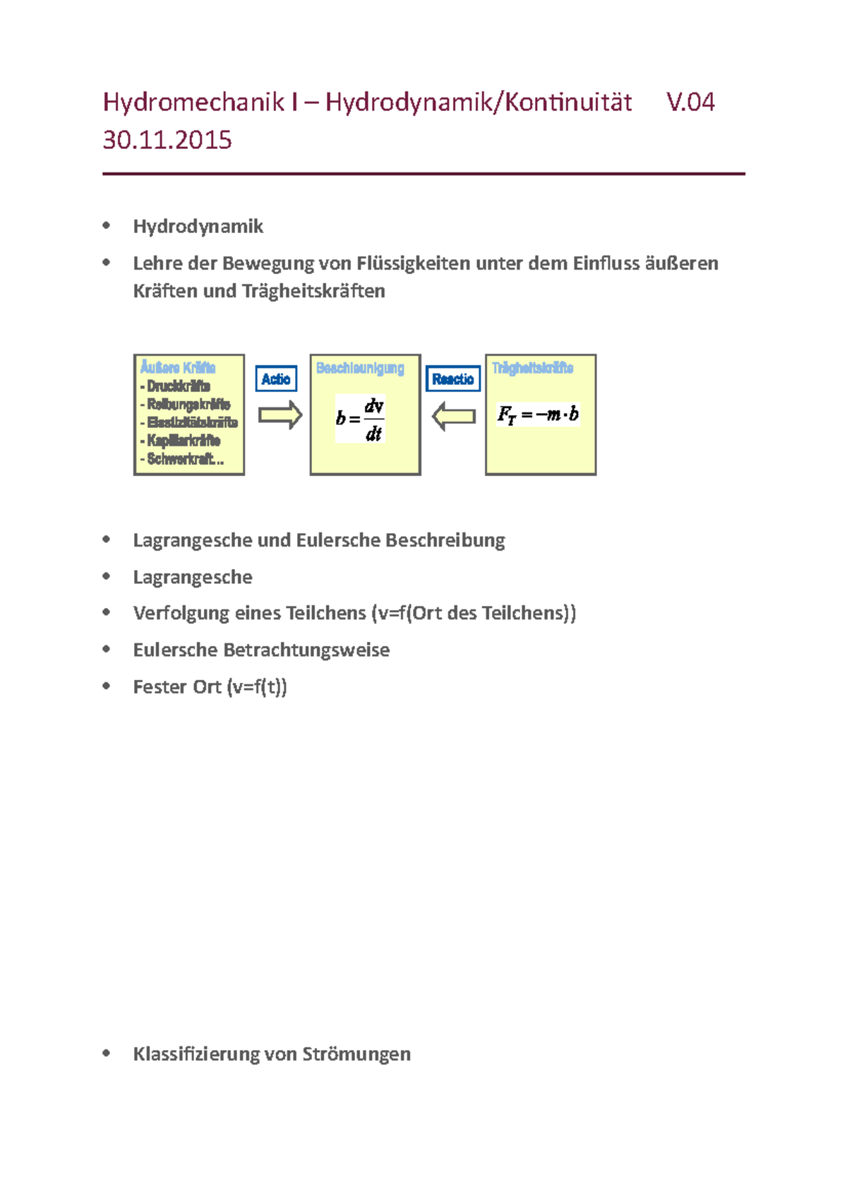 Hydromechanik - 30. Hydrodynamik Lehre der Bewegung von Flüssigkeiten ...