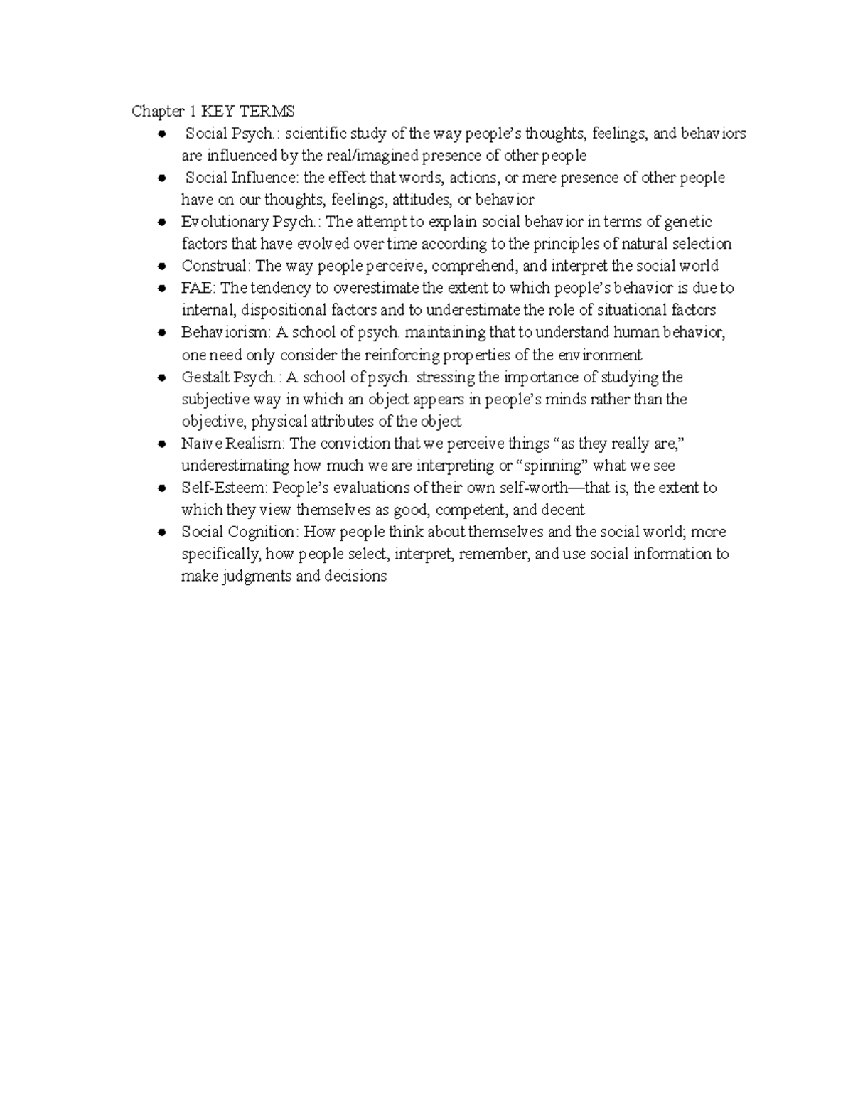 SOP 3004 exam 1 vocab - Chapter 1 KEY TERMS Social Psych.: scientific ...