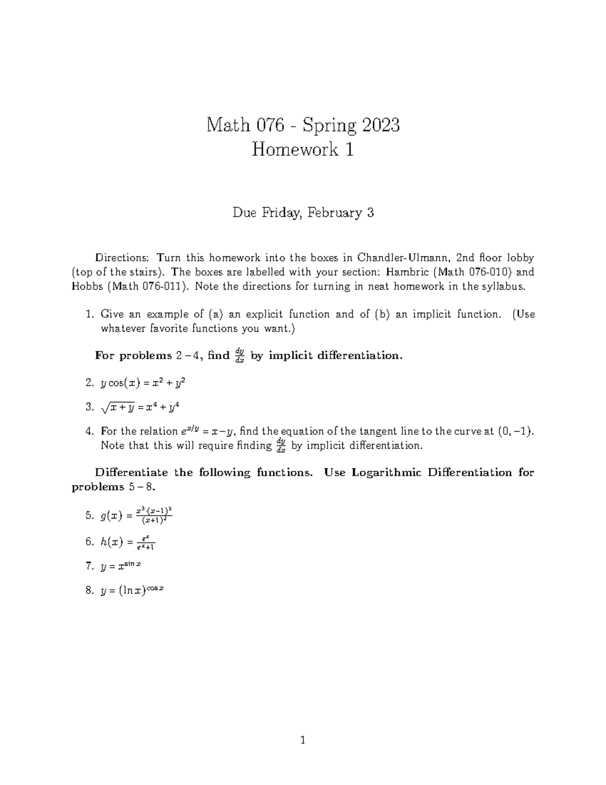 Math 076 Spring 23 - homework 1 from 076 - Math 076 - Spring 2023 Homework 1 Due Friday ...