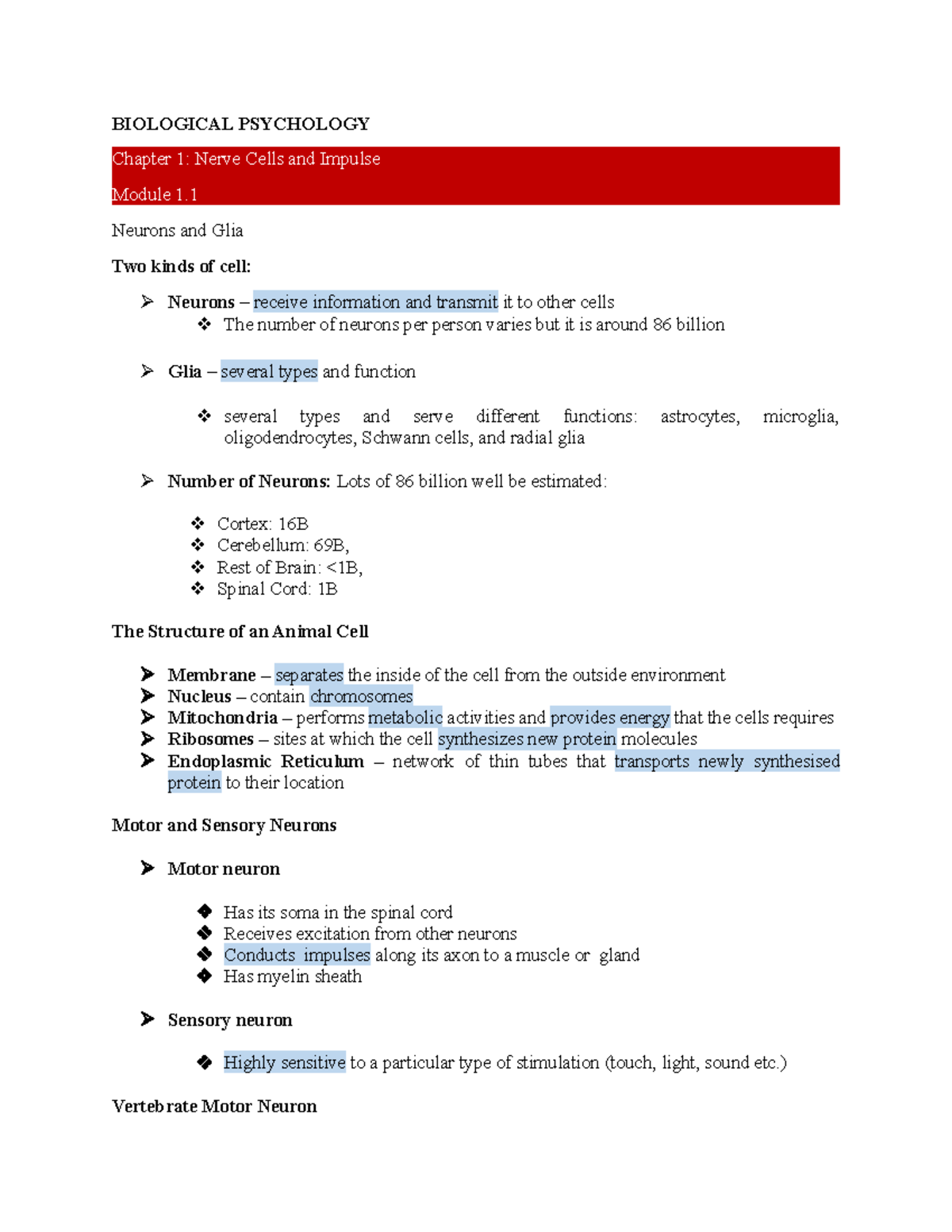 Biological Psychology 1 - BIOLOGICAL PSYCHOLOGY Chapter 1: Nerve Cells ...