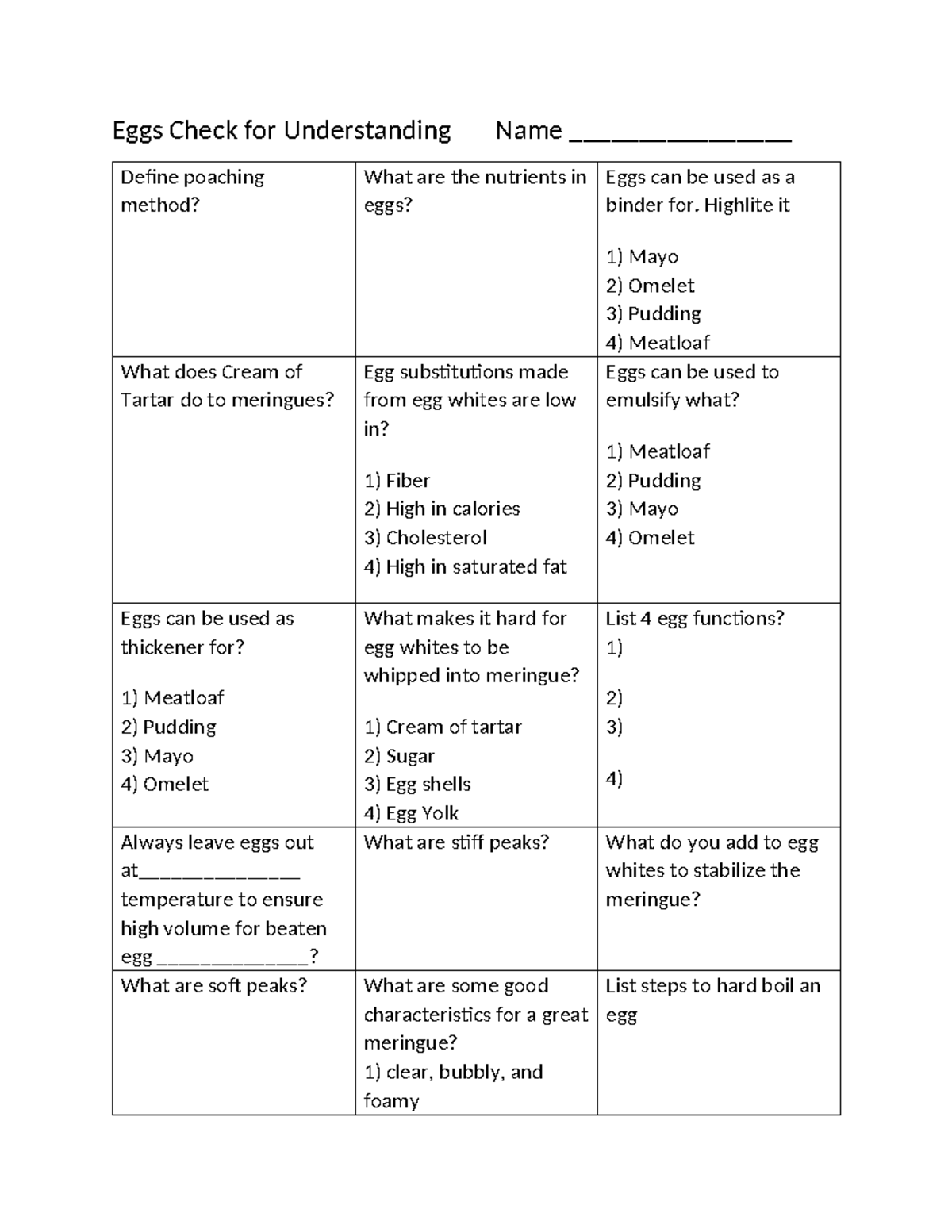 Check for Understanding Eggs - Eggs Check for Understanding Name ...