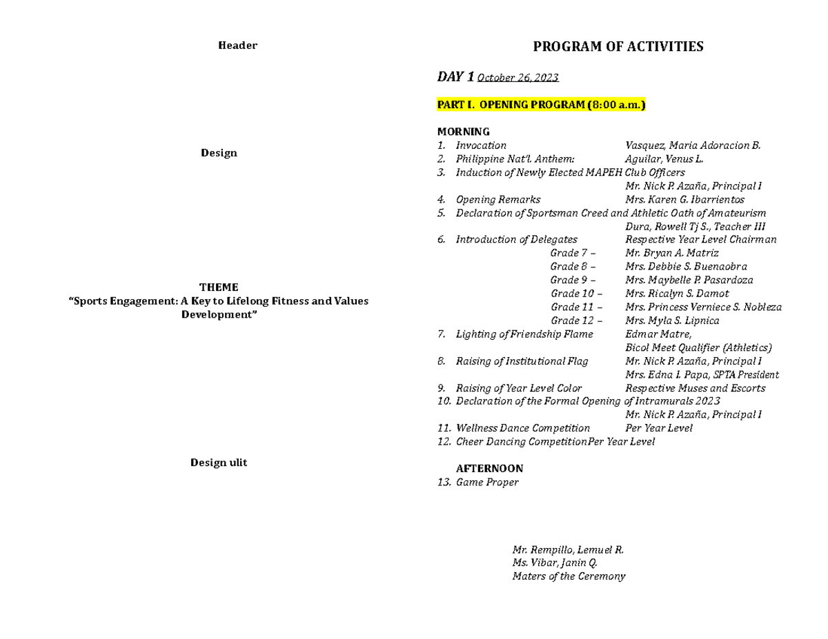 Intrams 2023 2024 Program - Header Design THEME “Sports Engagement: A ...