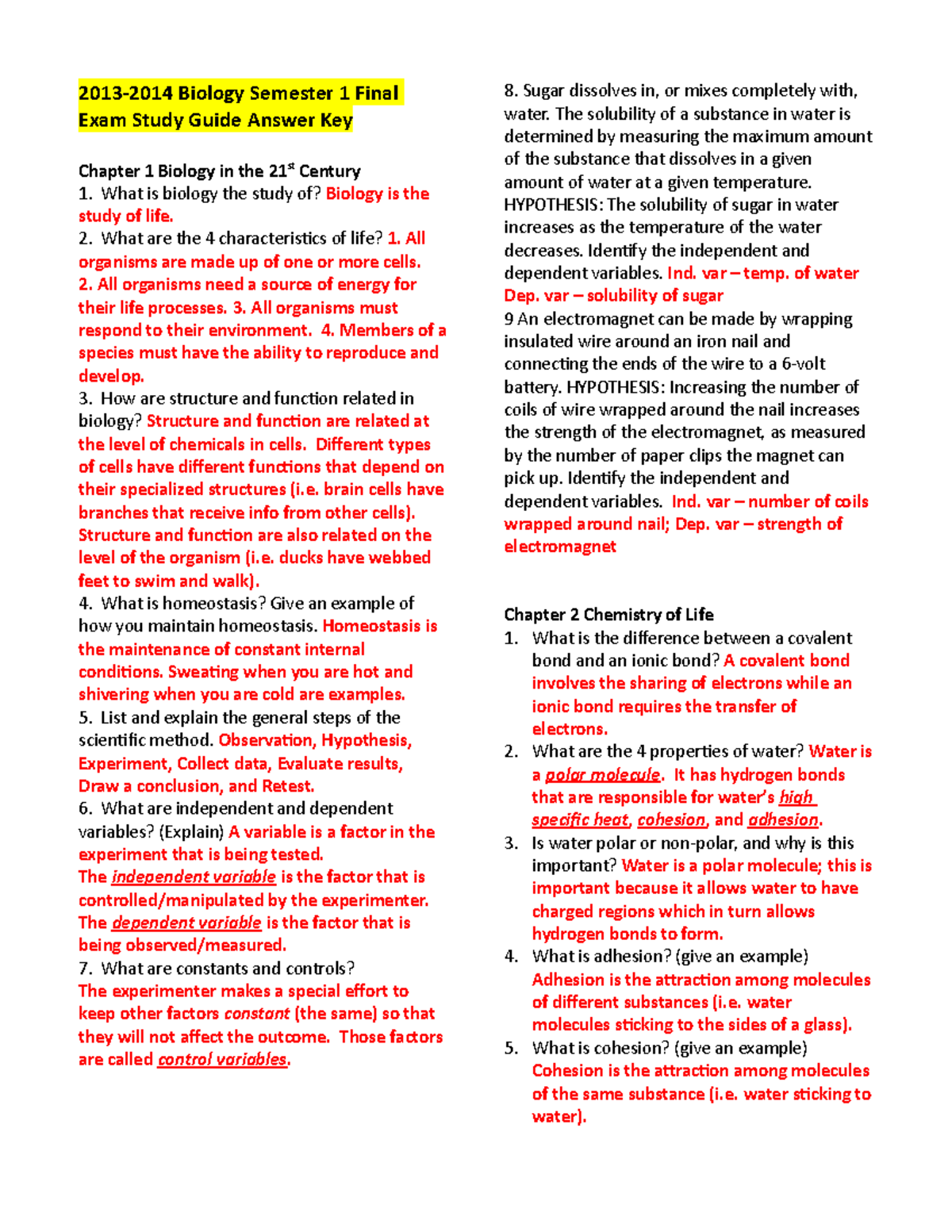 Biology Semester 1 Final Exam Study Guide 2013-2014 Answer Key - 2013-2014 Biology Semester 1 ...