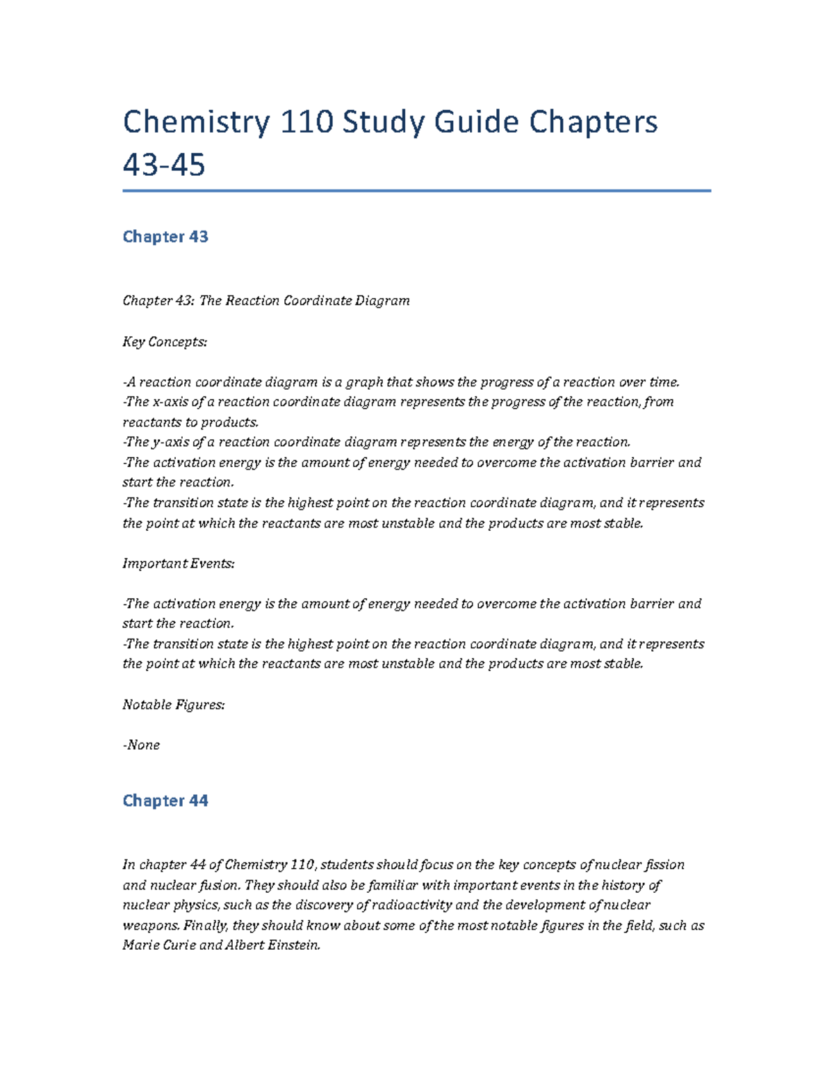 Chemistry 110 Study Guide Chapters 43-45 - Chemistry 110 Study Guide ...