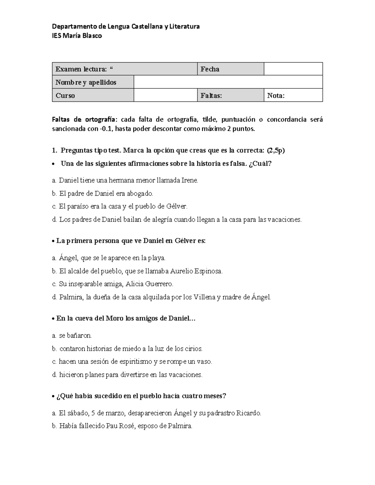 Examen lectura "Deja en paz a los muertos" - IES María Blasco Examen ...